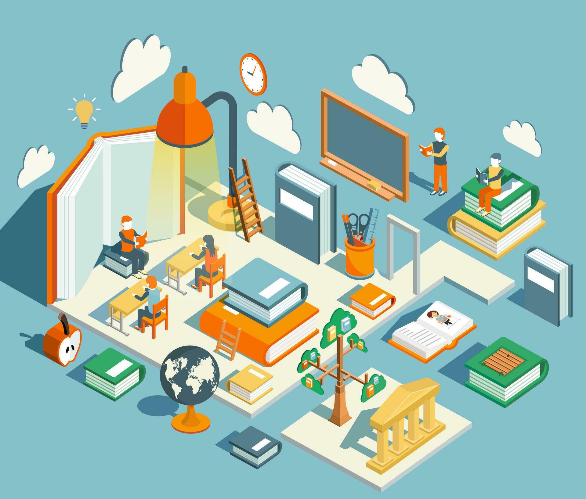 The concept of learning and reading books. Isometric flat design for ...