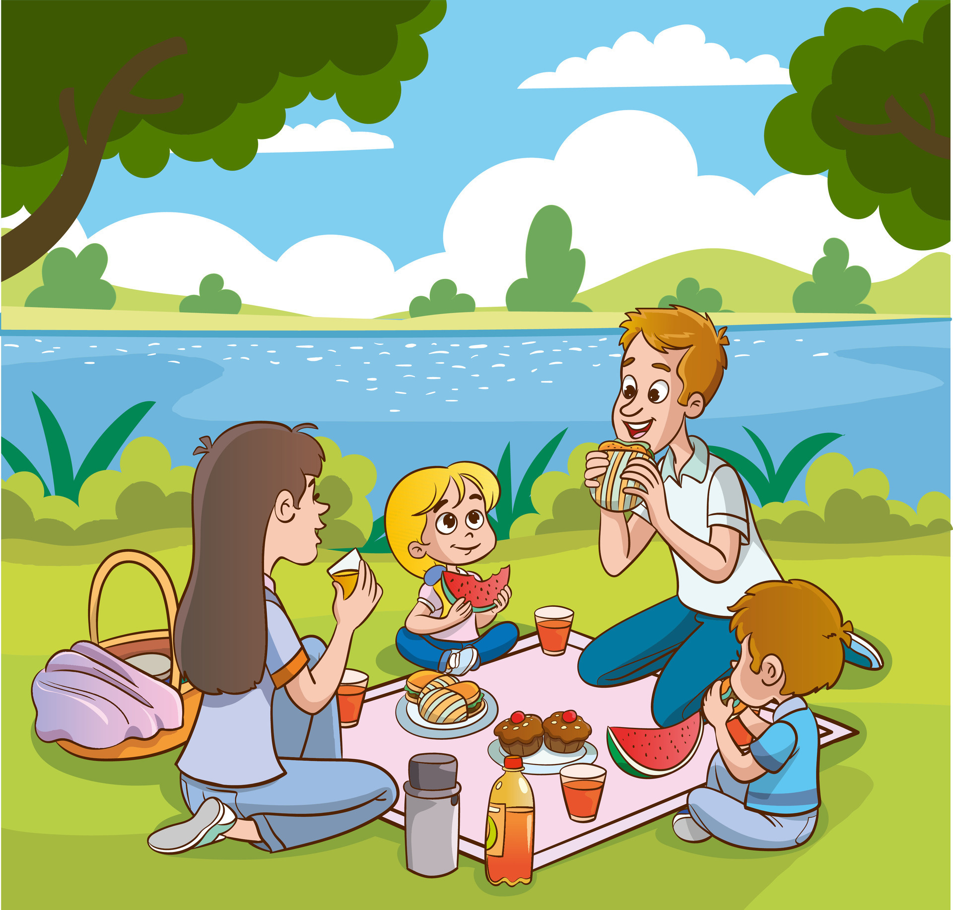 familia picnic en el parque. madre, padre y niños comiendo un ...