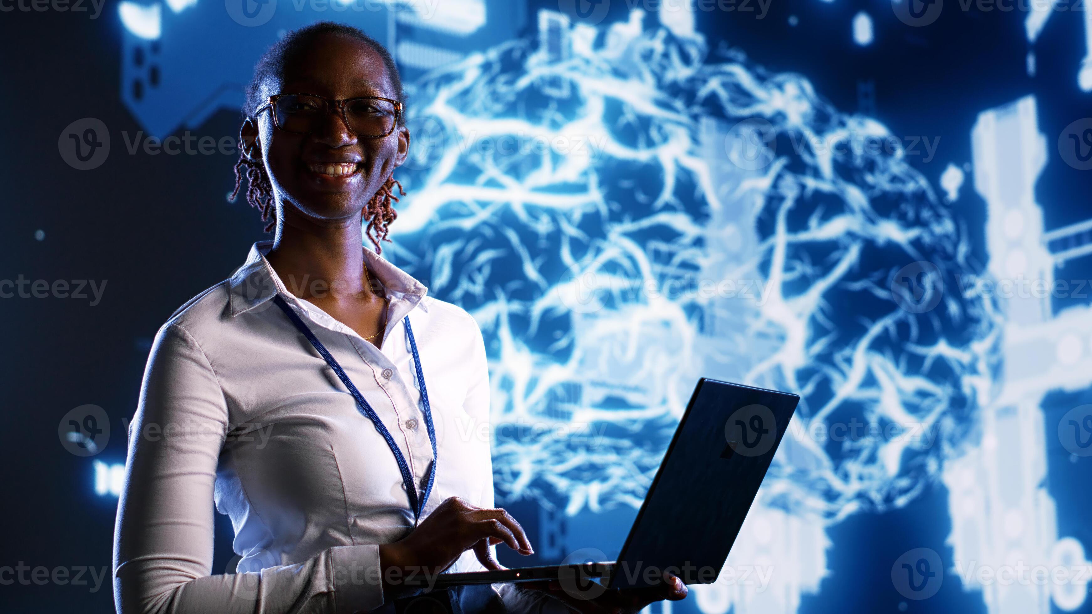 Portrait Of Cheerful It Executive Updating Ai Systems Writing Intricate Binary Code Scripts On