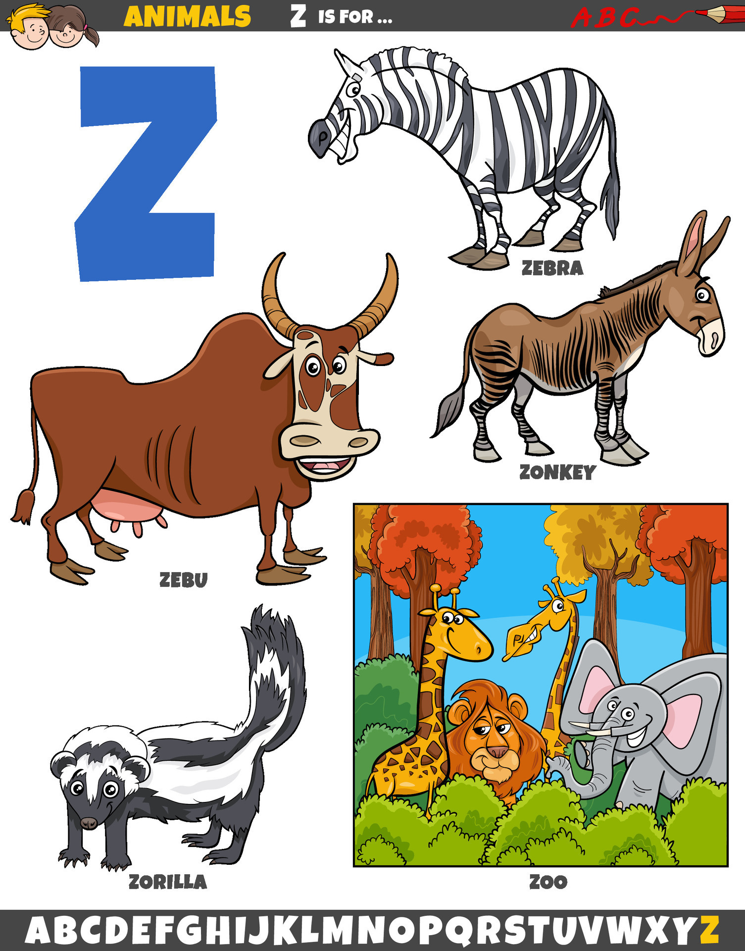 dibujos animados animal caracteres para letra z educativo conjunto ...