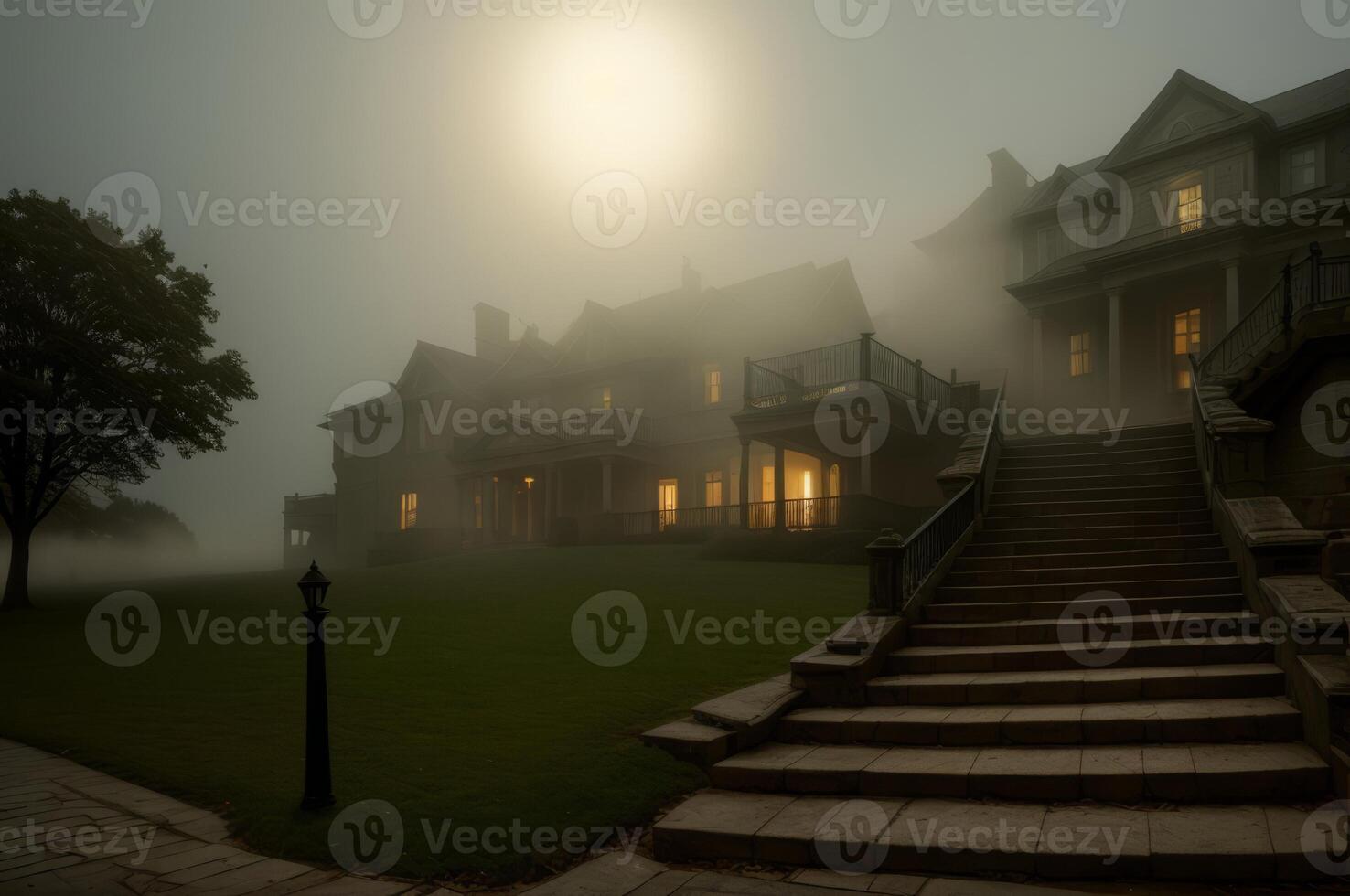 A spooky mansion at night. Spooky staircase with fog and a glowing ghostly apparition. 34816470 ...