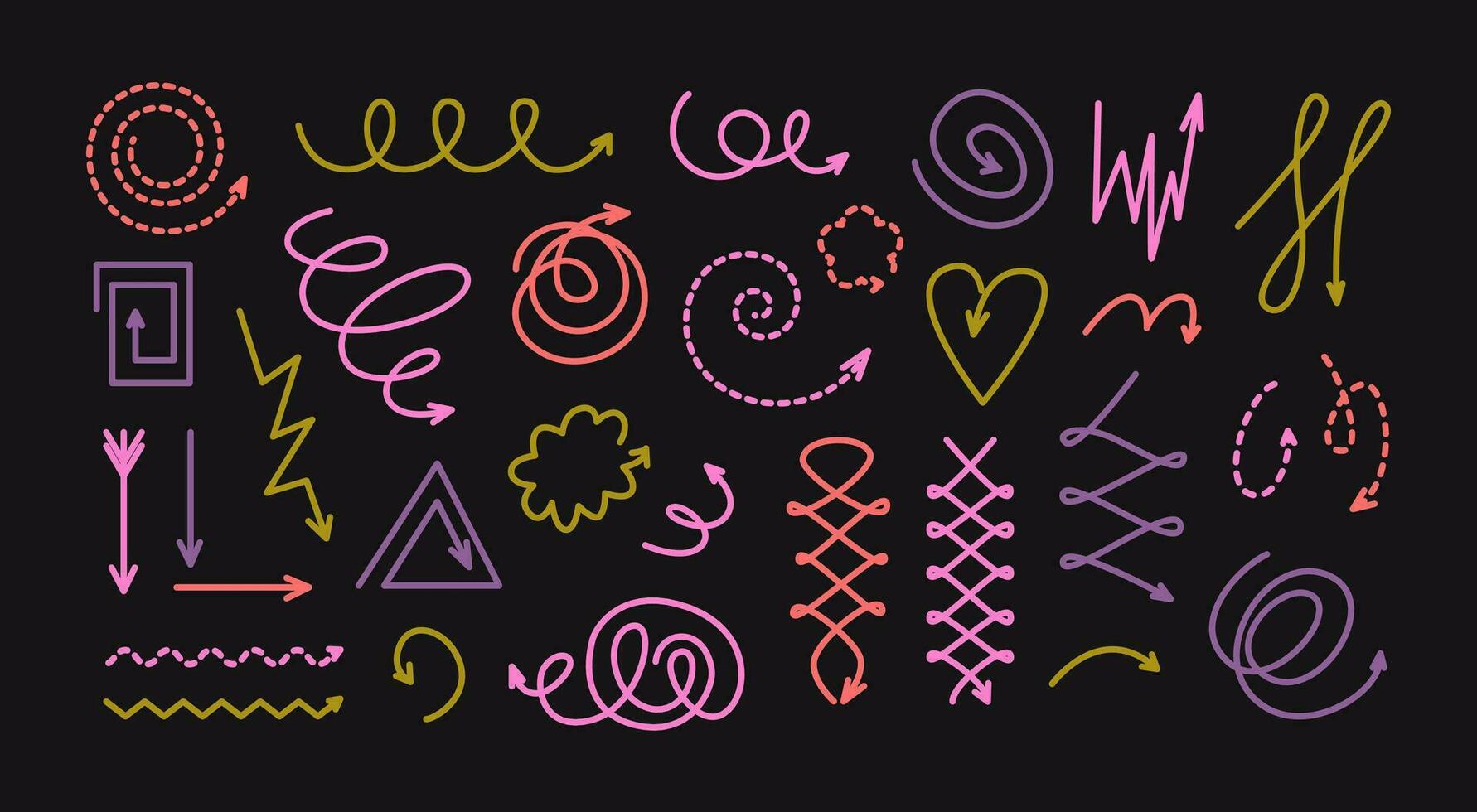 Modern abstract arrows. Linear colorful hand-drawn doodles and scribbles. Playful line art ...