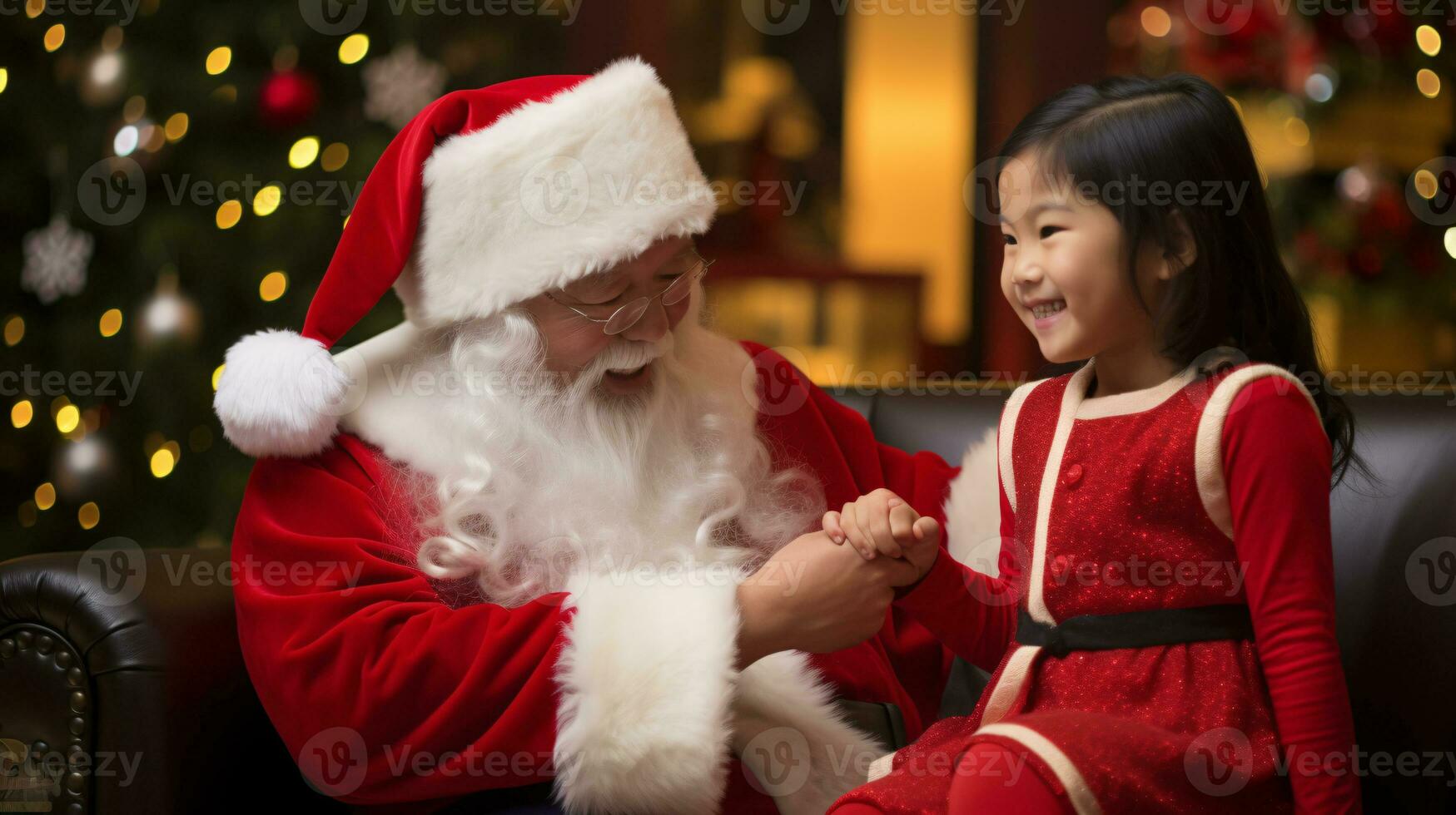 ai generative Children of different ethnicity meeting santa with a bokeh filled background ...
