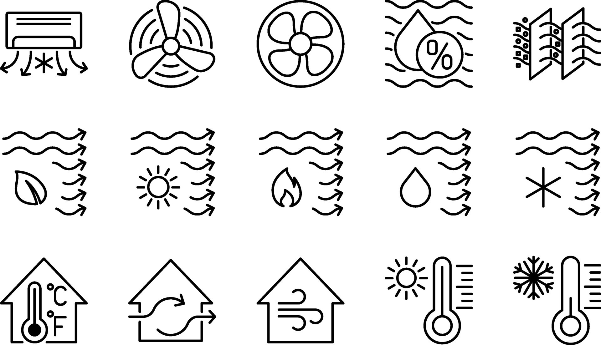 Ventilation Vector Line Icons With Air Conditioning Air Cooling Fan