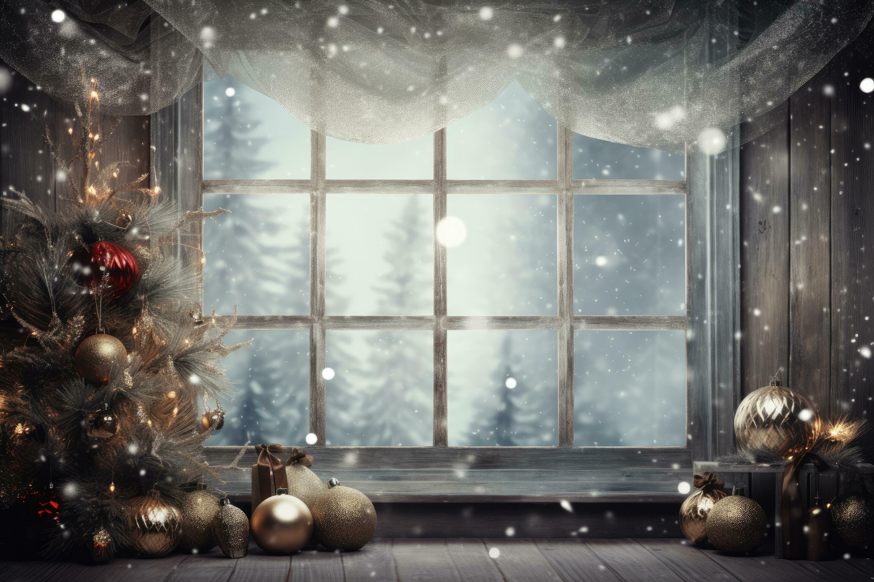 AI generated Christmas interior with window and christmas tree. Winter ...