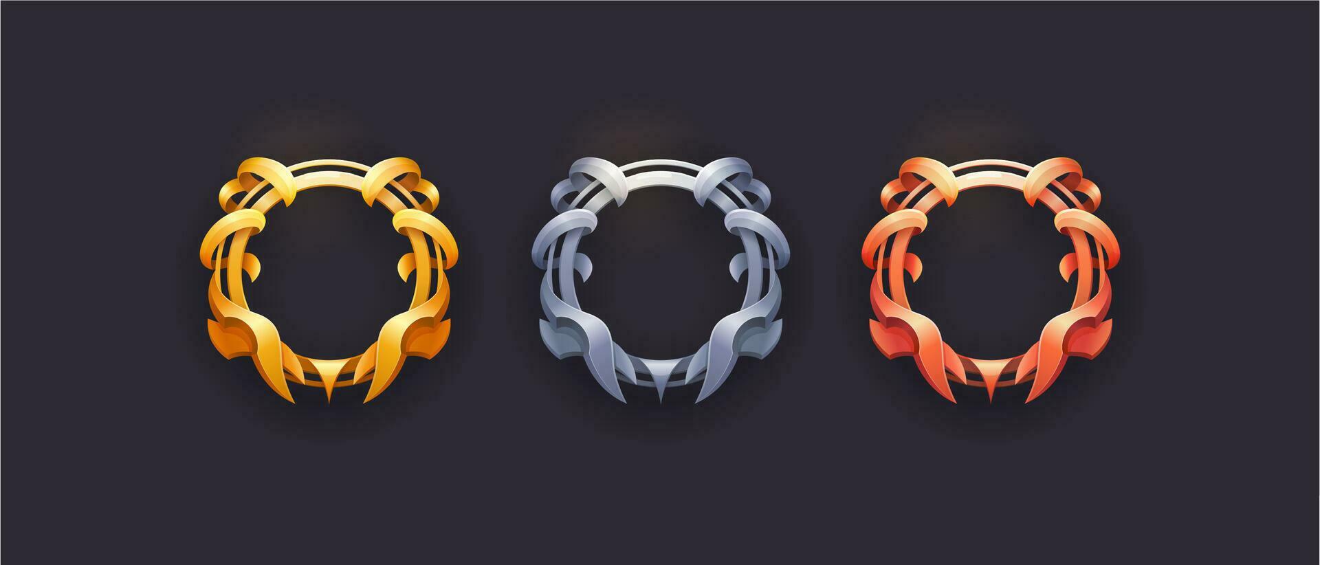 Set of game frames on black background. Gold, silver, bronze metal ...