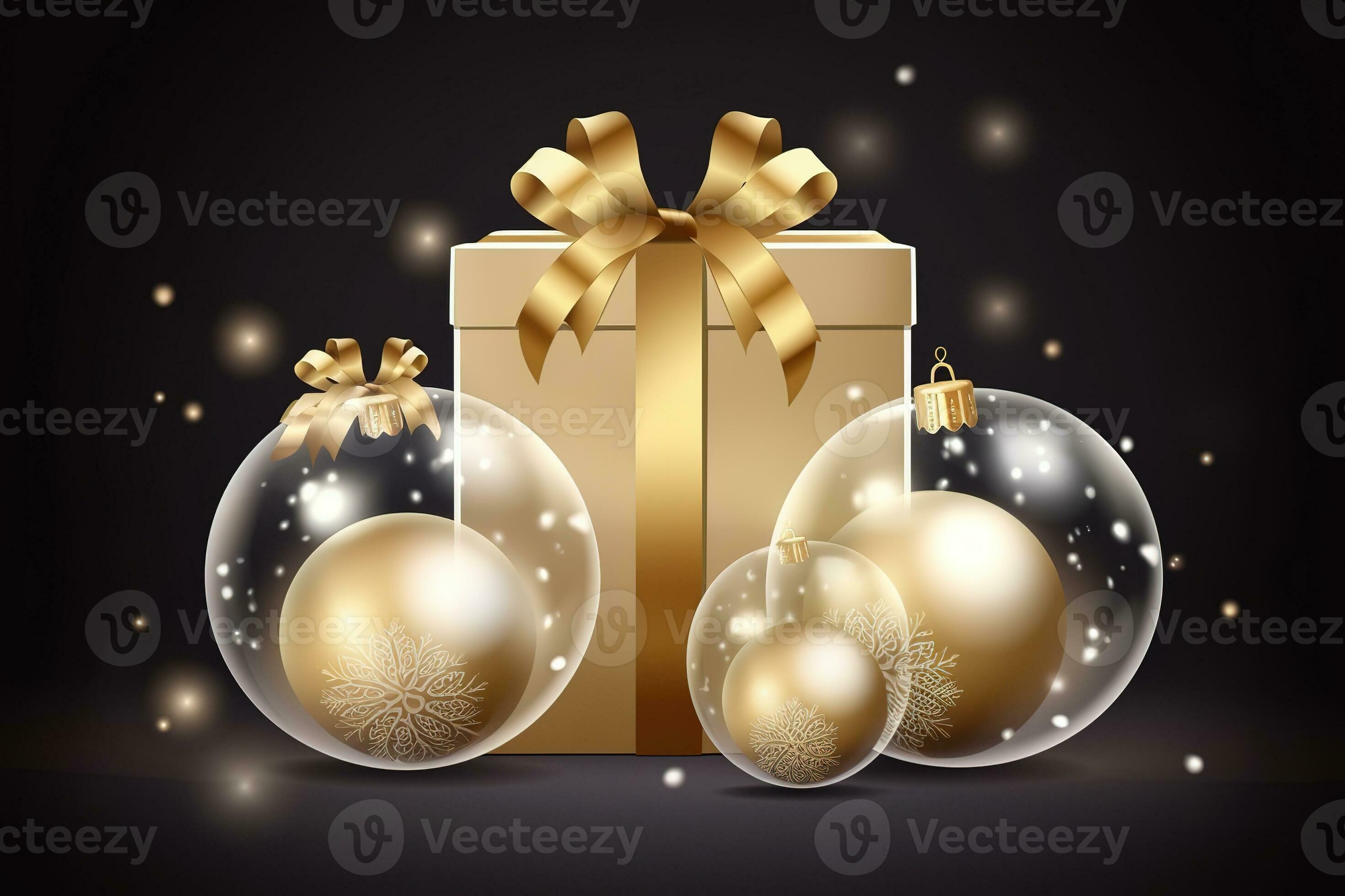 AI generated golden christmas gift box with christmas balls and bow on ...