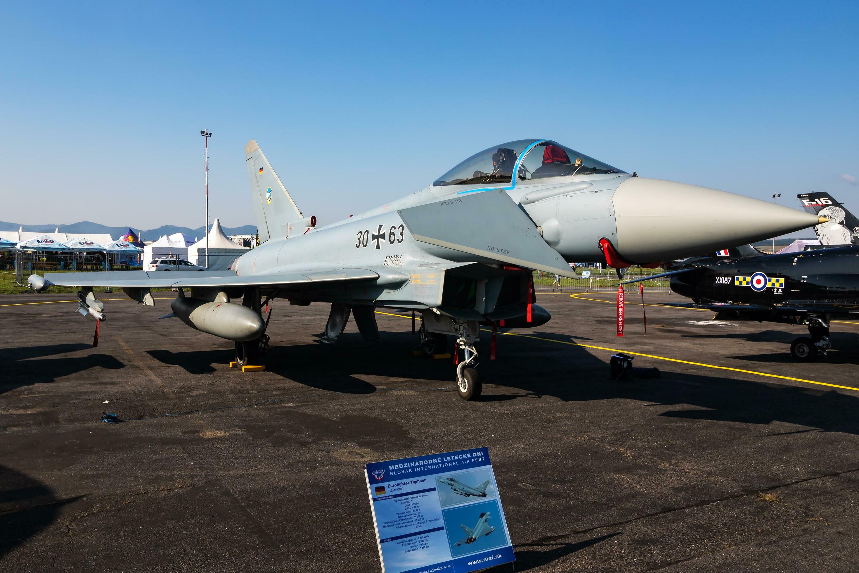 German Air Force Luftwaffe Eurofighter Typhoon 3063 fighter jet aircraft static display at SIAF ...