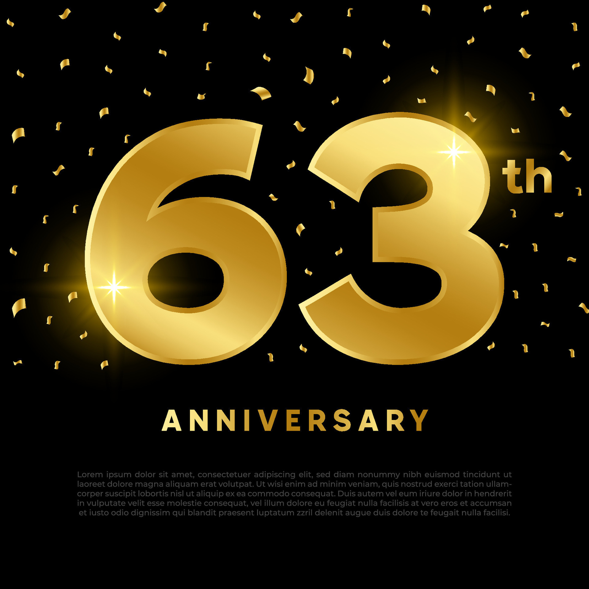 63th anniversary celebration with gold glitter color and black background. Vector design for ...