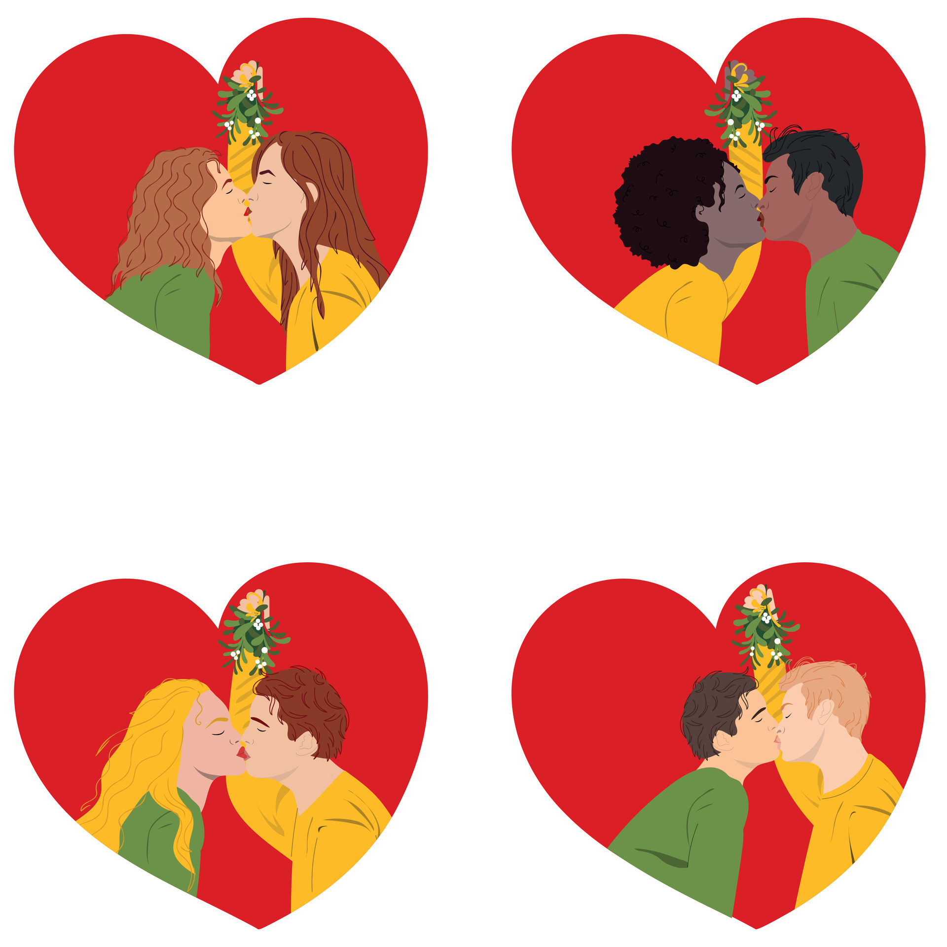 Set Of Couples Kissing Under Mistletoe 34887426 Vector Art At Vecteezy