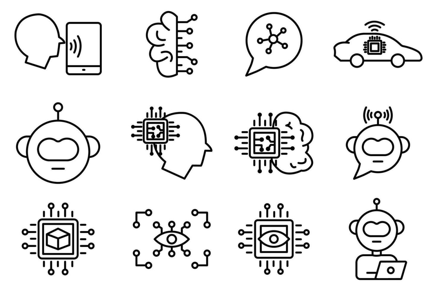 artificial intelligence icon set. robot head, brain ai, robot arm ...