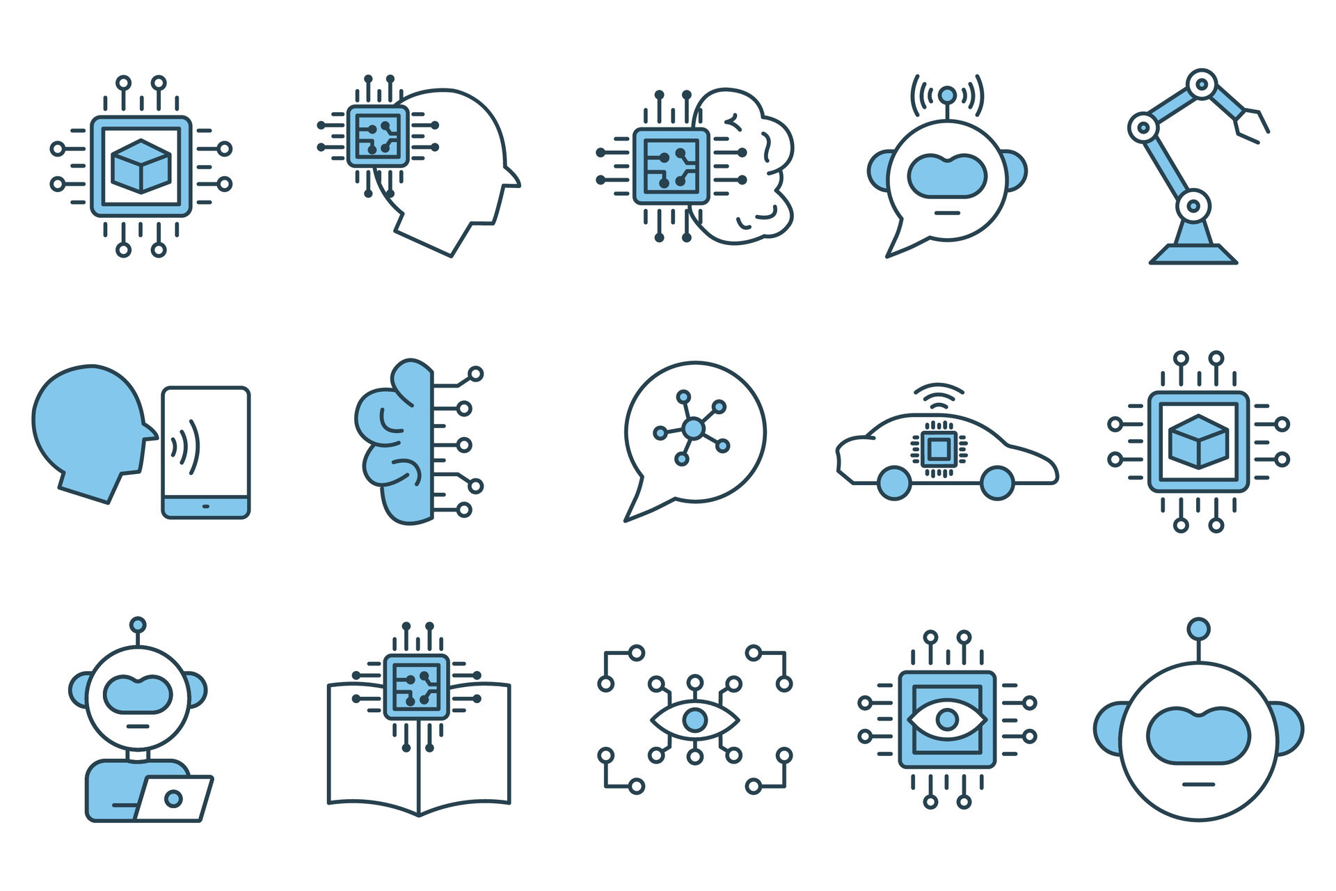 artificial intelligence icon set. robot head, brain ai, robot arm ...
