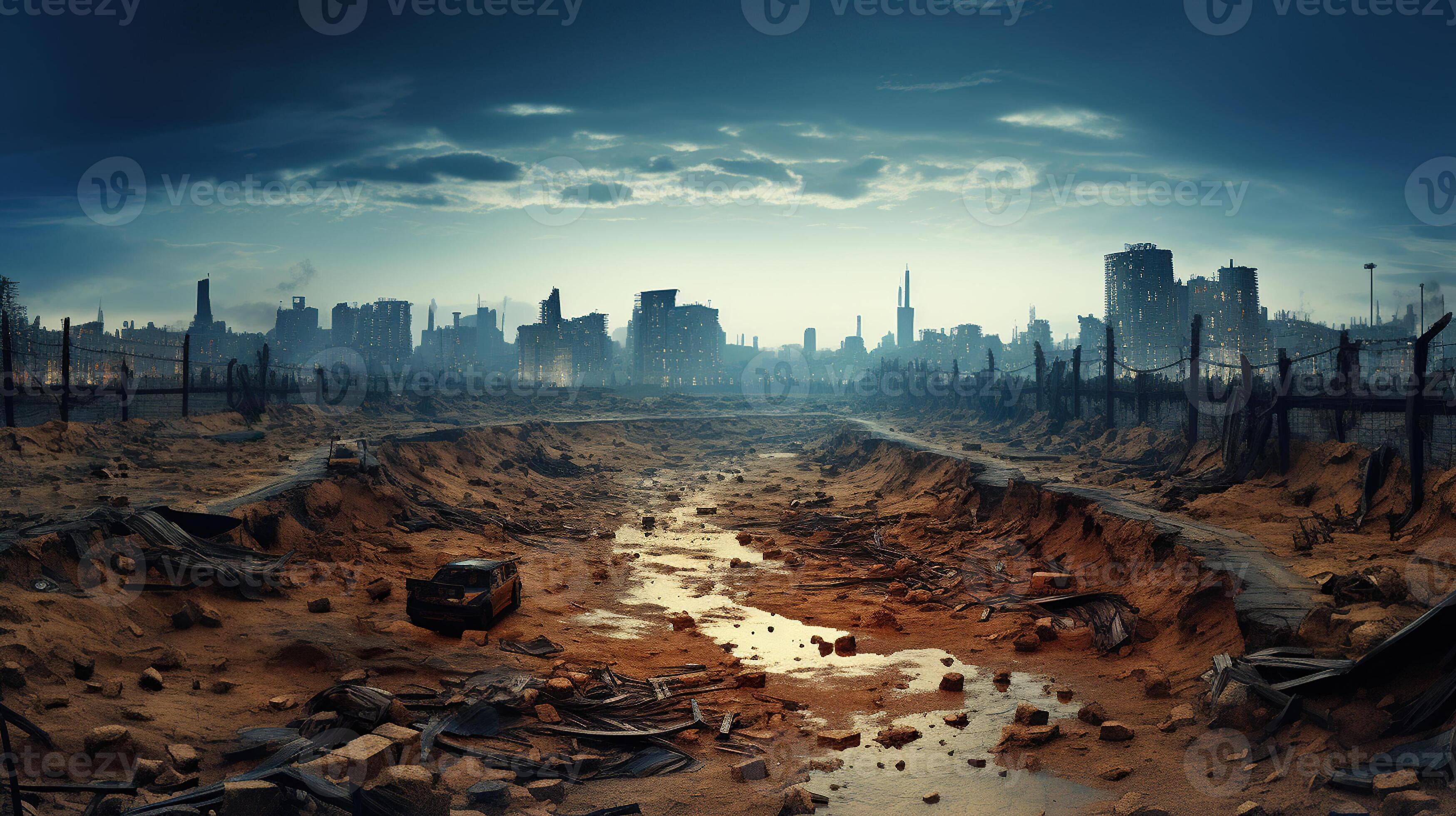 Walking through a Dead Cityscape of Ruined Structures City's Desolate Wasteland. Generative AI ...