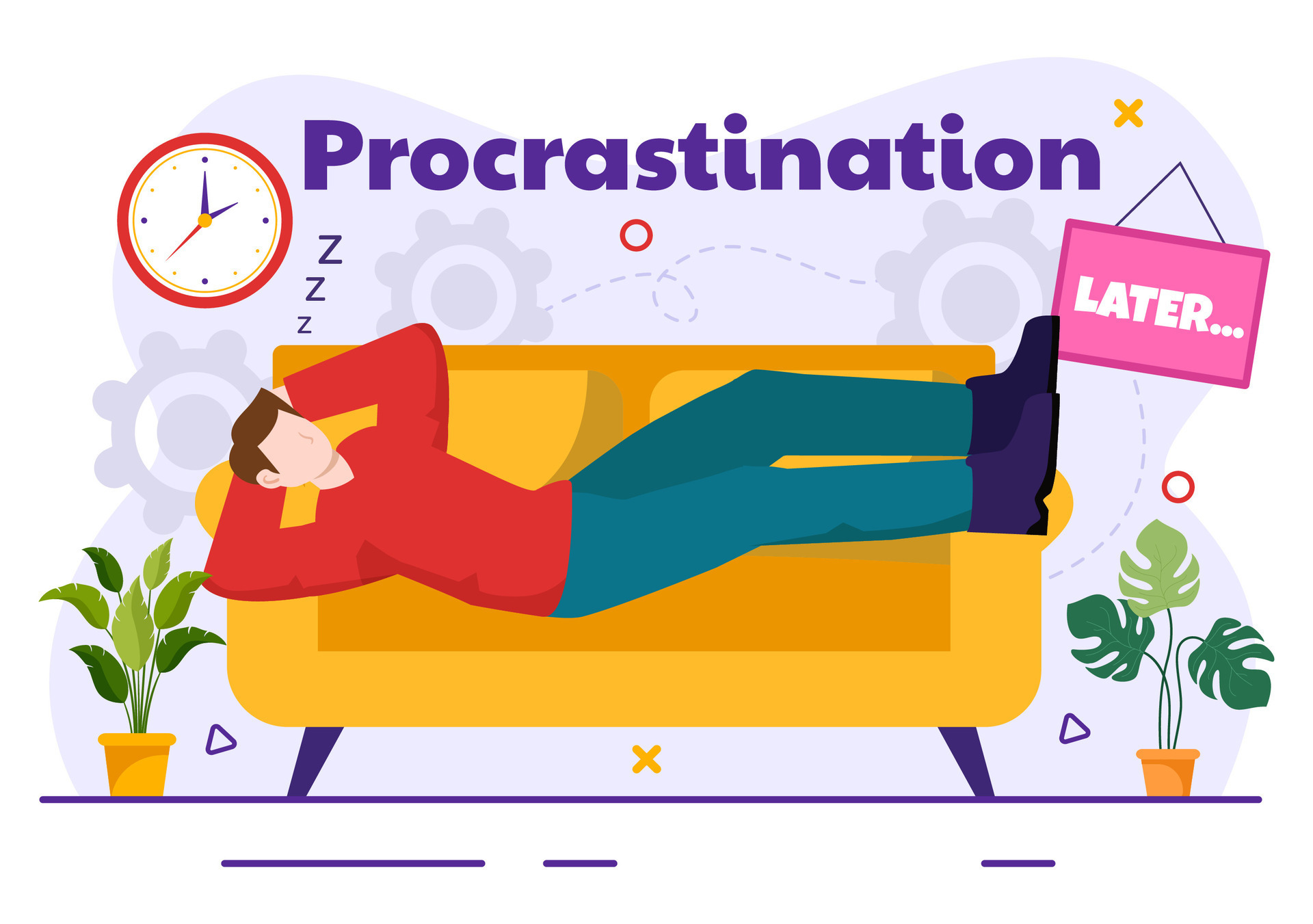 Procrastination Vector Illustration with Procrastinating Lazy Businessman Employees work of ...