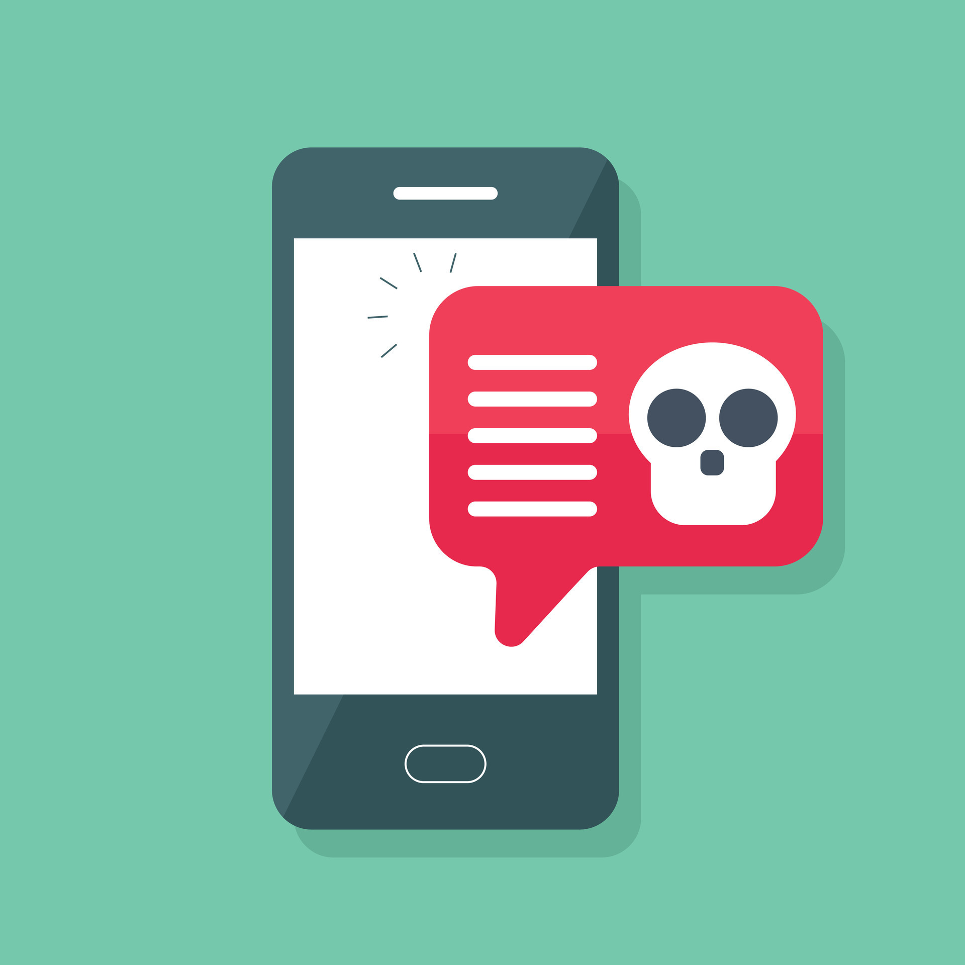 Malware Notification On Smartphone Mobile Phone With Skull Bones Bubble Speech Red Alert
