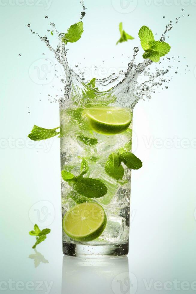 AI generated Mojito cocktail with liquid splashes, mint leaves and lime slices flying in the air ...