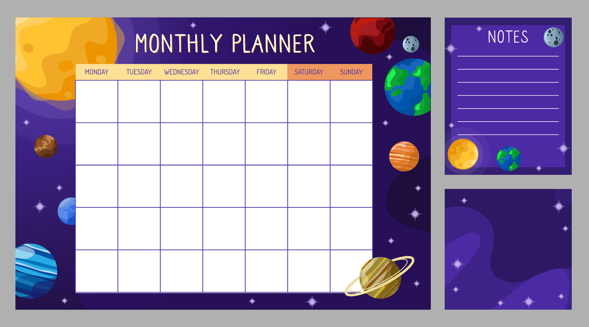 Vector planner template for a month with boards and a solar system ...