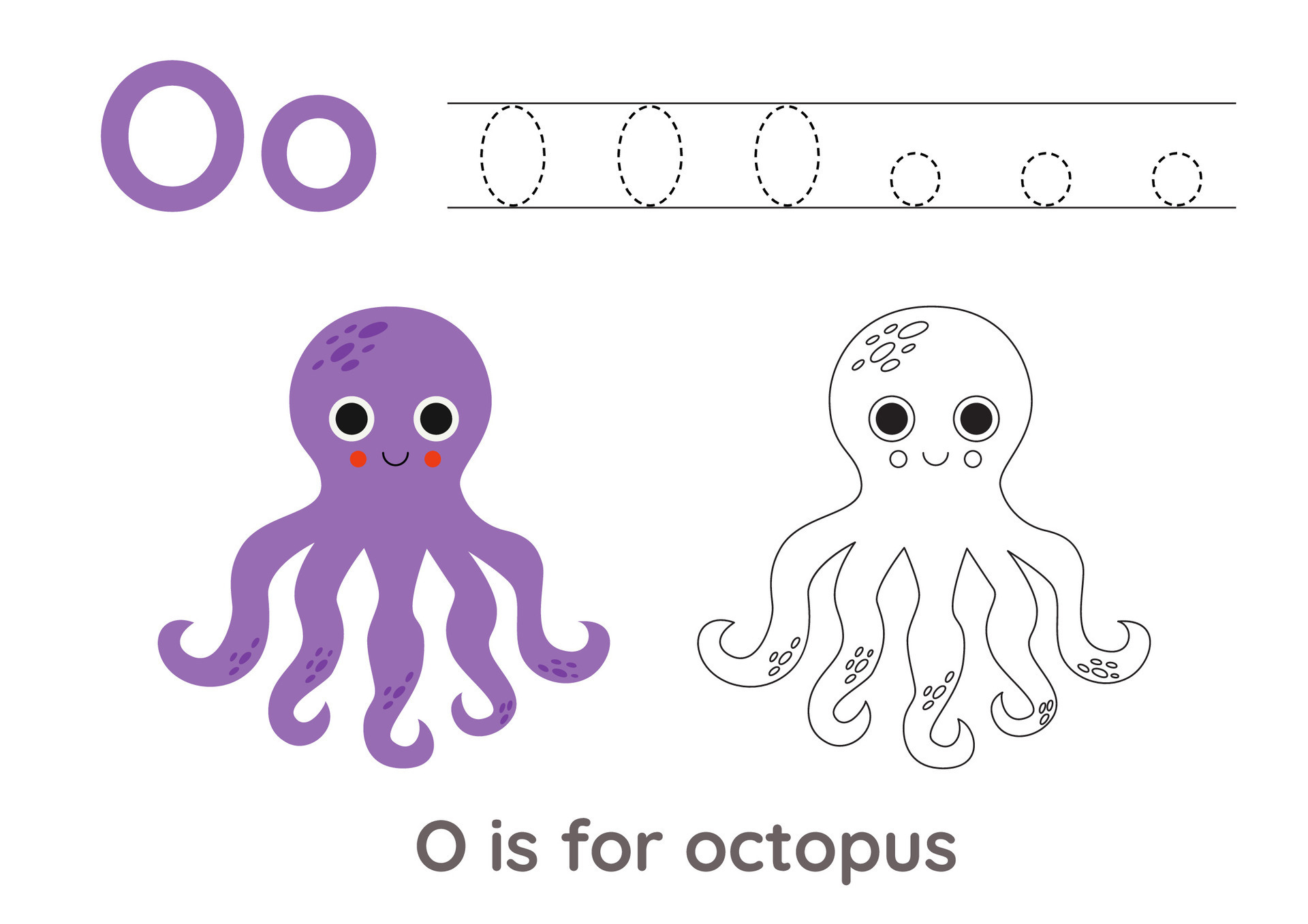Tracing alphabet letters with cute animals. Color cute octopus. Trace ...
