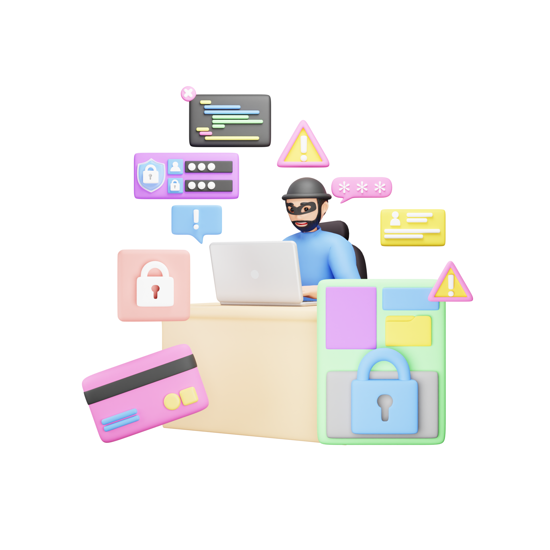 Hacker Stealing User Data 3d Character Illustration Of Cybercrime