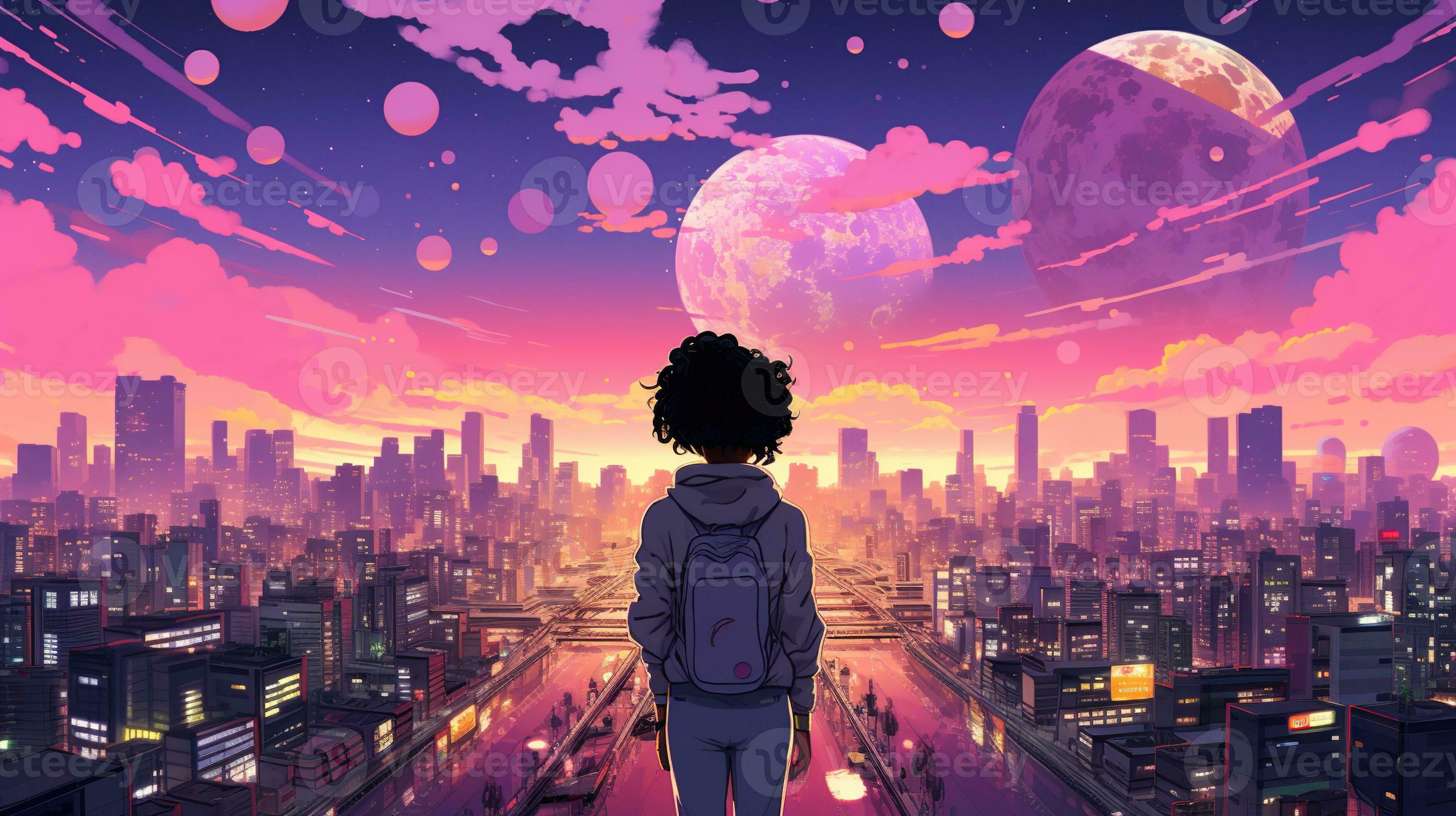 AI generated A girl looking out into the clouds. Anime style AI ...