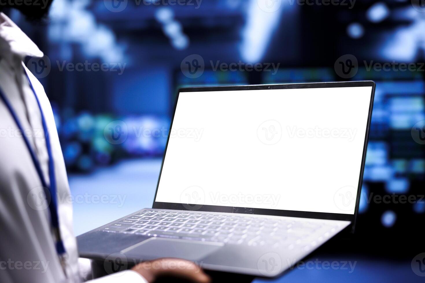 Manager Inspecting Server Rackmounts Doing Intense Computations Supervisor Using Mock Up Tablet