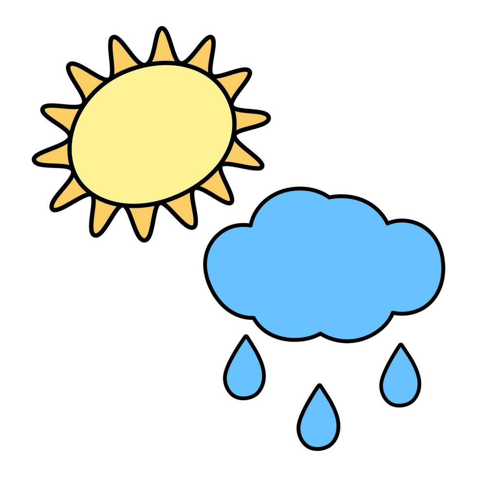 Stylized image of the sun and clouds with drops. Simple design concept ...