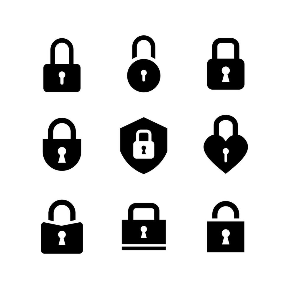 Conjunto De Sencillo Plano Bloquear Icono Ilustración Diseño Silueta Bloquear Símbolo Colección