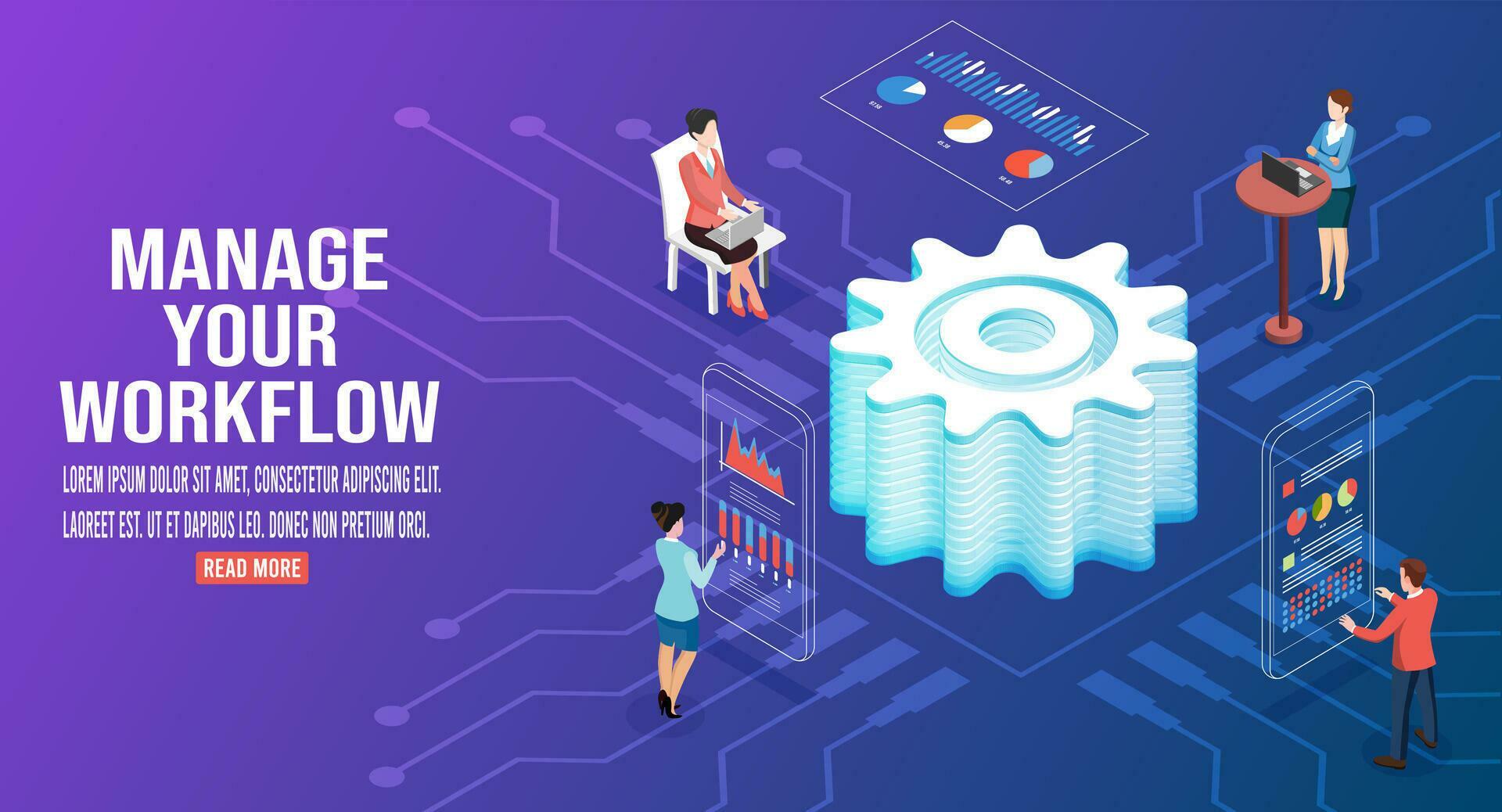 3D isometric business workflow with data Investment, Project management ...