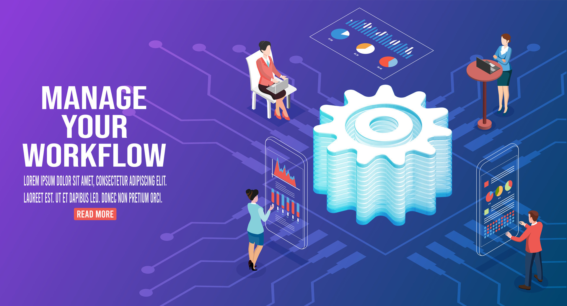 3D isometric business workflow with data Investment, Project management ...