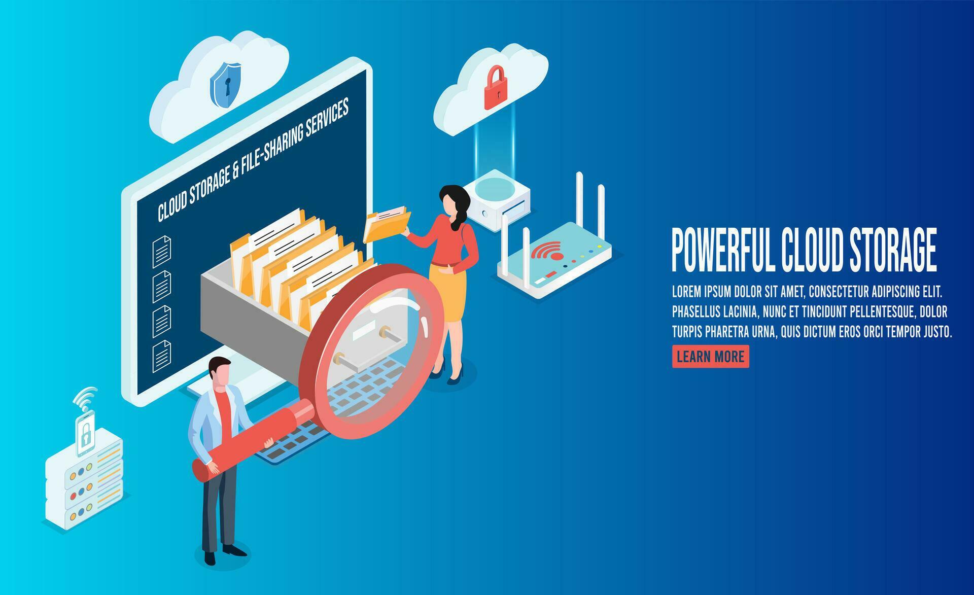 3d Isometric Powerful Cloud Storage Data Center File Management Concept With Administrator