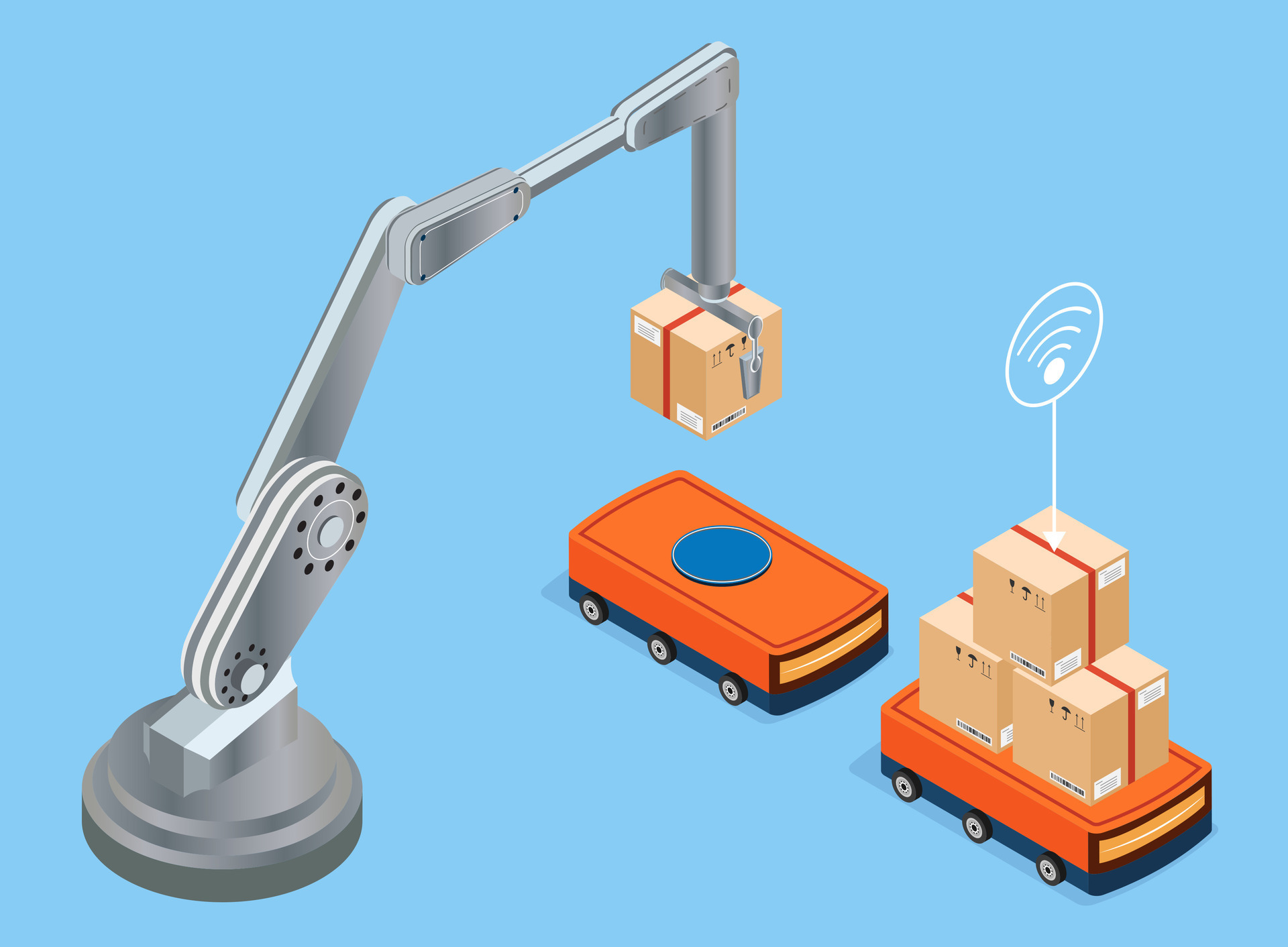 Automation Industry 40 Concept With Robot Arm And Cardboard Boxes On