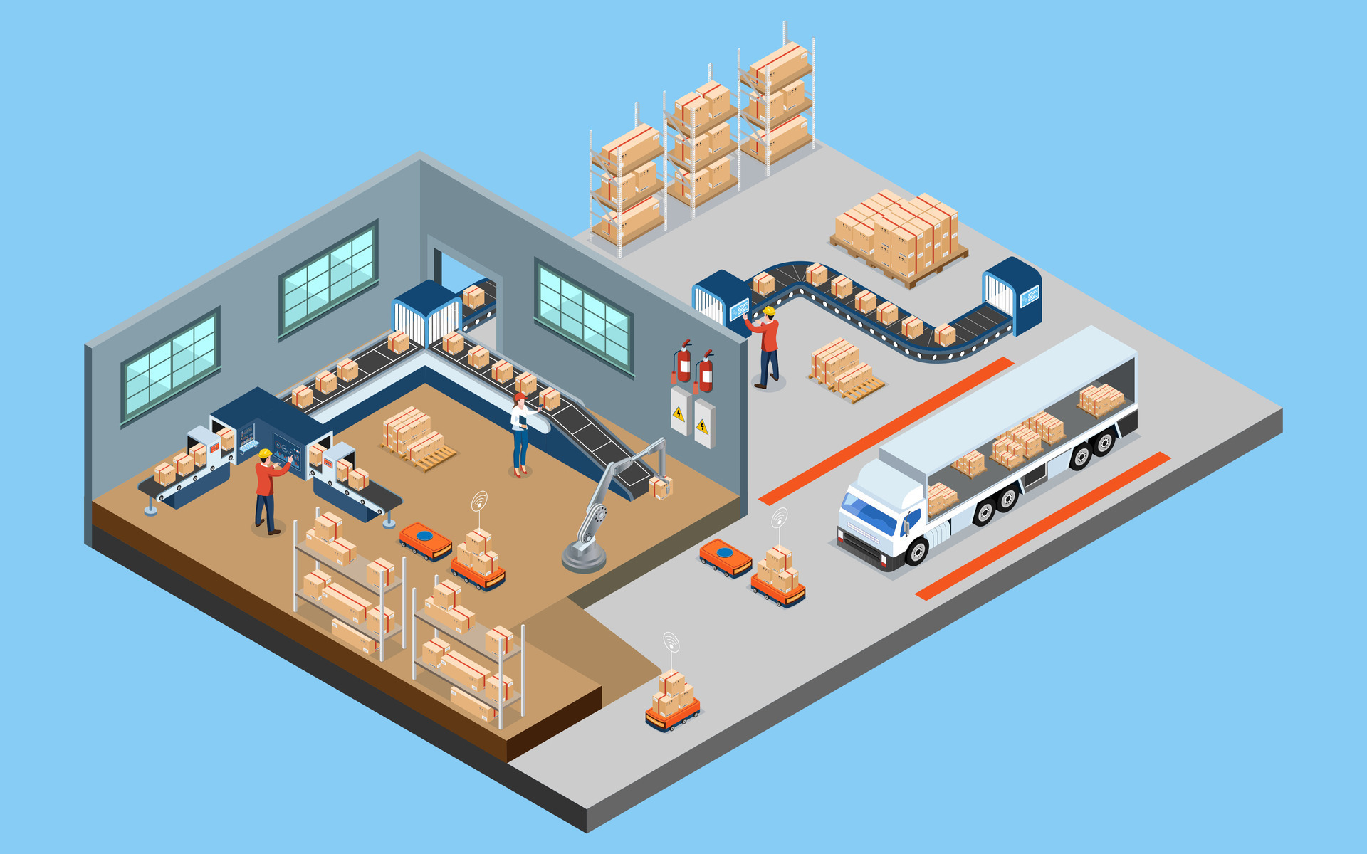 Smart Warehouse Technology And Automated Warehouse Robots Concept With