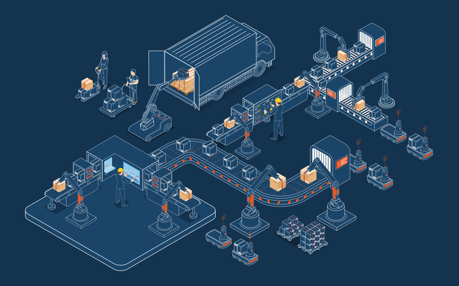 Automated Warehouse Robots and Smart Warehouse Technology concept with ... Automated Warehouse Robots and Smart Warehouse Technology concept with ...