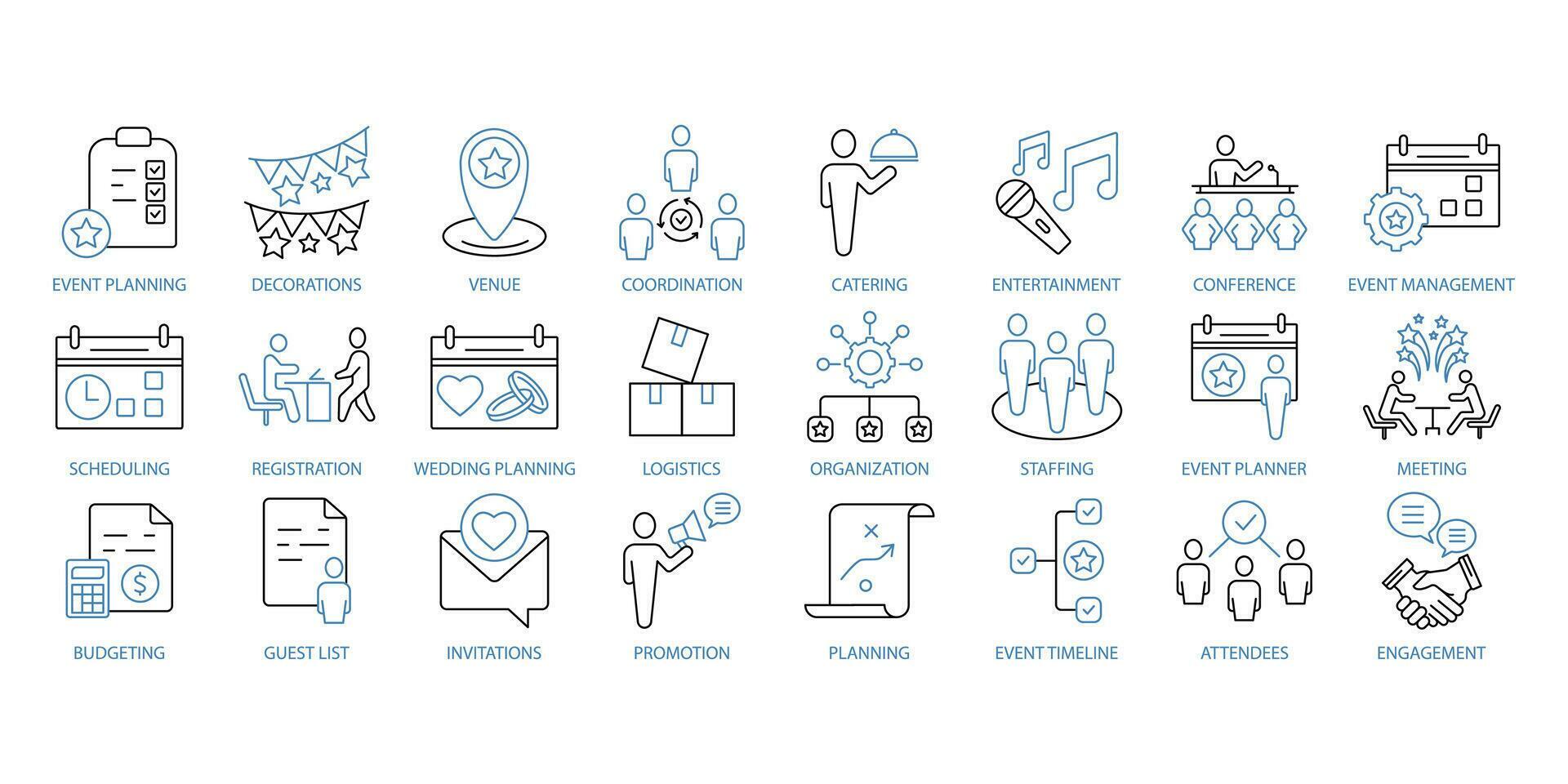 Event planning icons set. Set of editable stroke icons.Vector set of ...