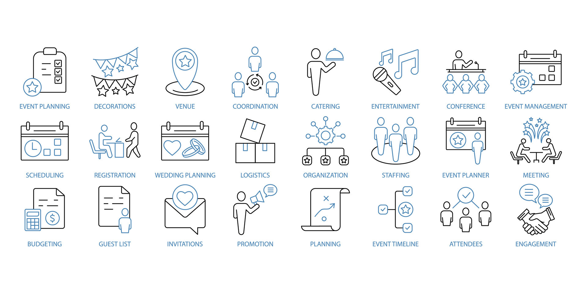 Event planning icons set. Set of editable stroke icons.Vector set of ...