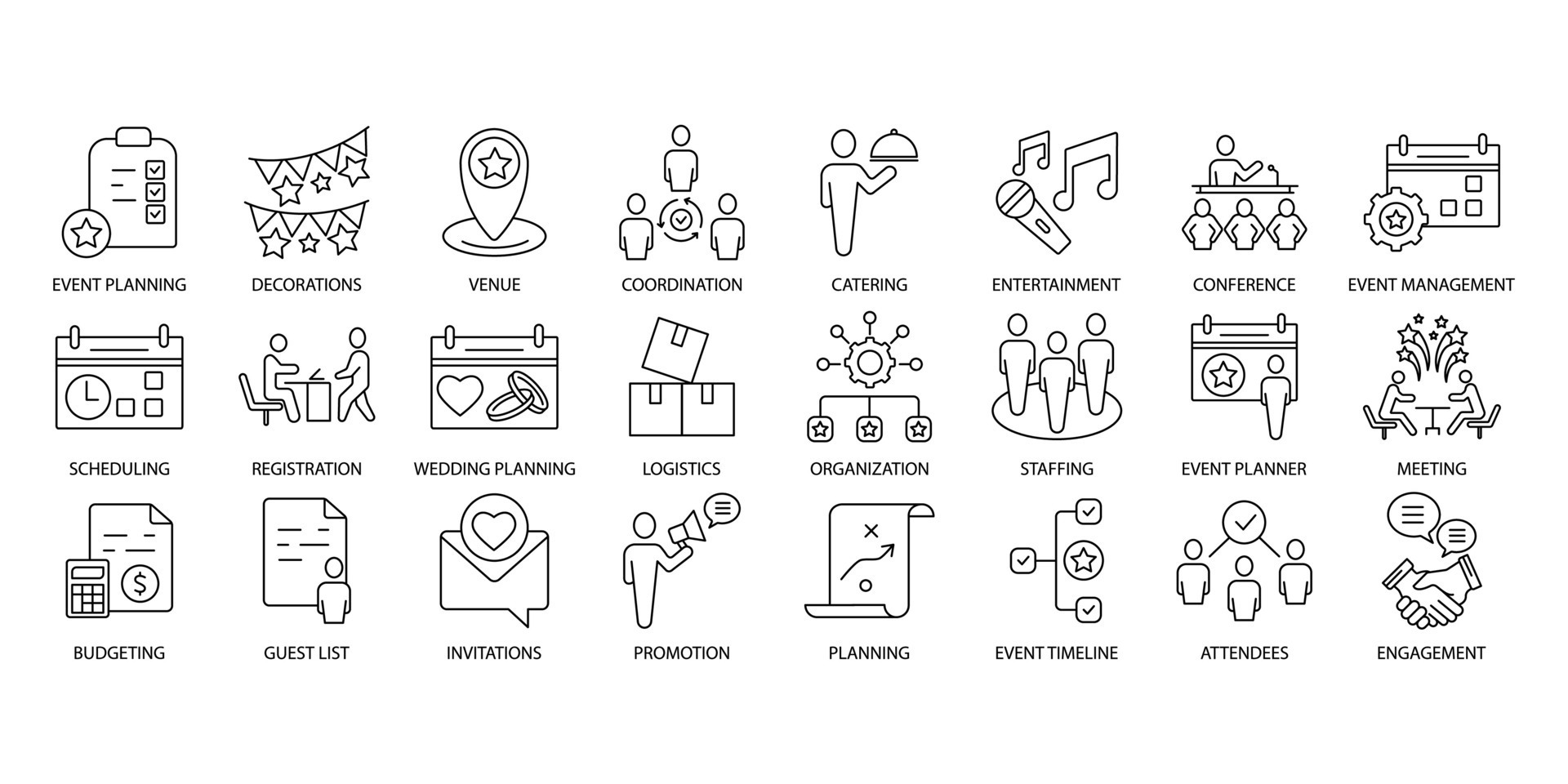 Event planning icons set. Set of editable stroke icons.Vector set of ...