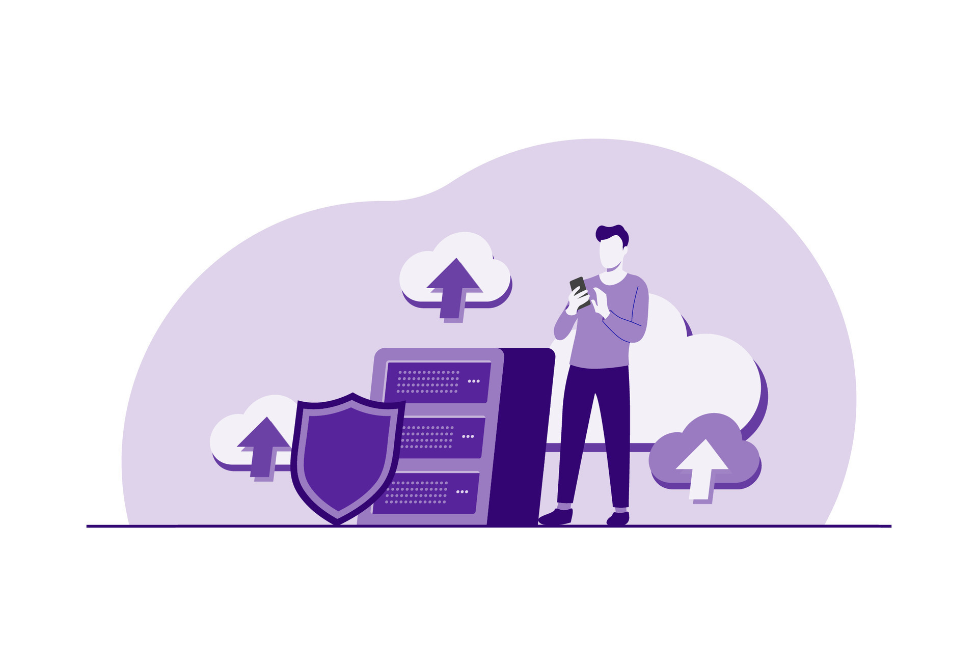 Cloud data storage and security flat illustration, People upload ...