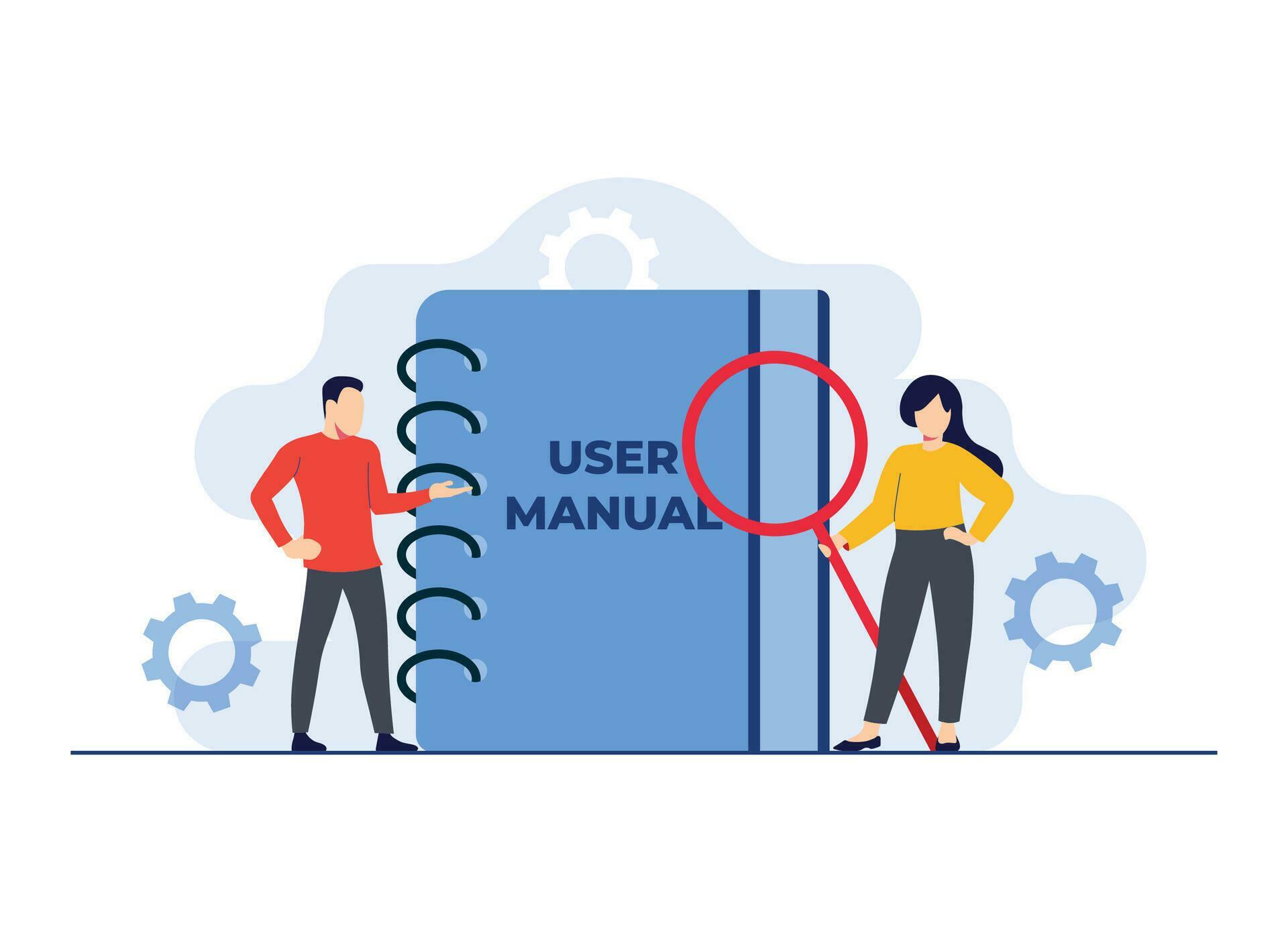 Characters checking user manual book, Handbook, Guidebook, instruction ...