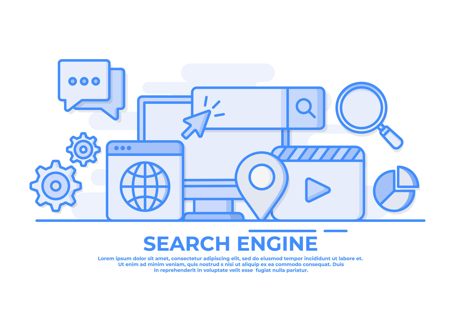 Search engine concept with desktop computer, search bar, and search ...