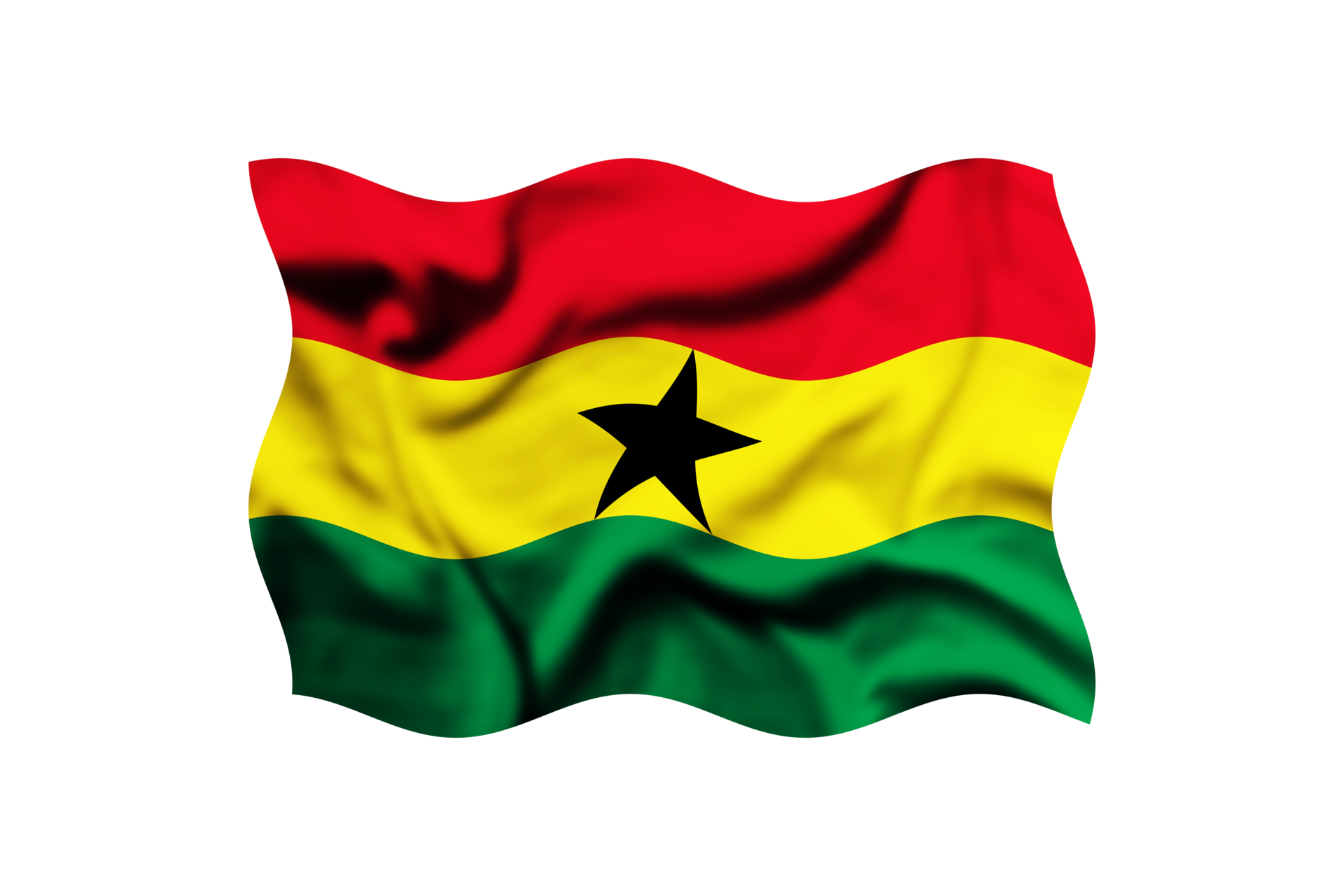 The flag of Ghana is waving in the wind on a transparent background. 3d rendering. Clipping path ...