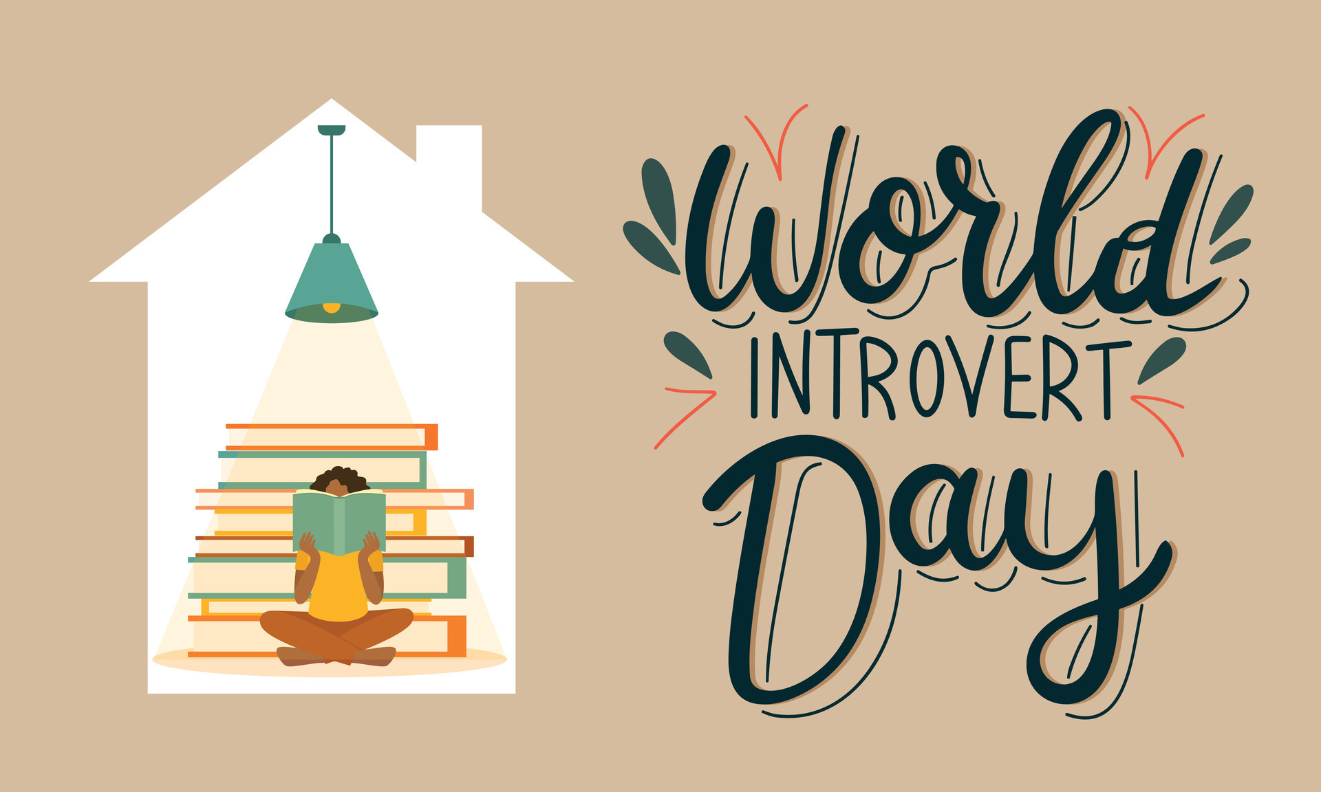 World Introvert Day Banner Woman Reads Book Isolated In Home Handwriting Text World Introvert