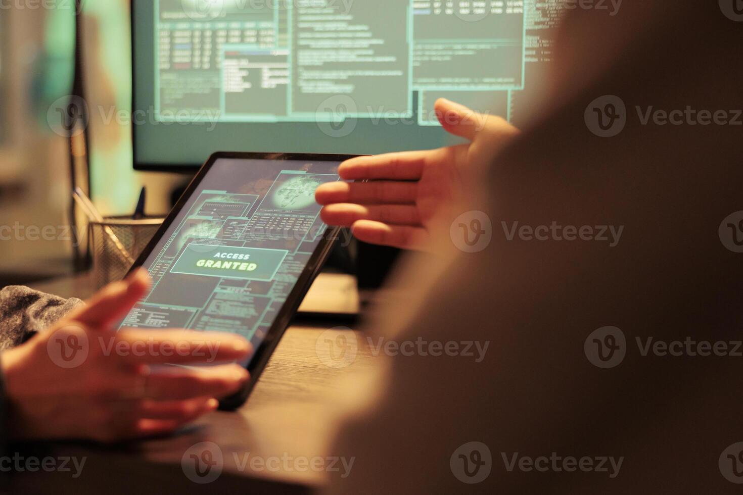 Access granted message on digital tablet, successful database hacking ... Access granted message on digital tablet, successful database hacking ...