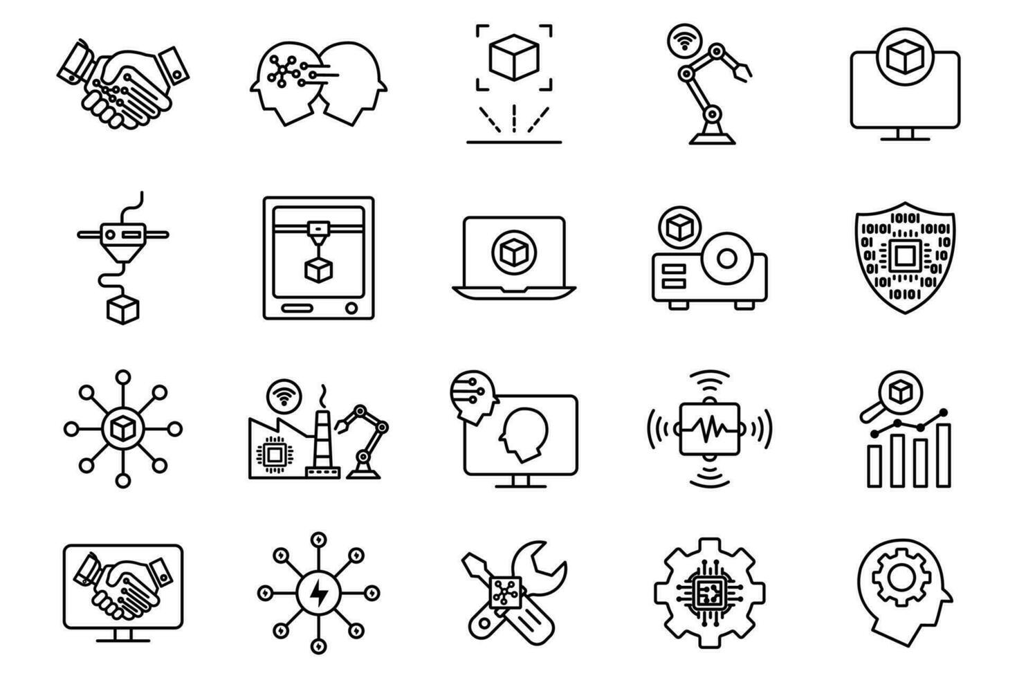 industry icon set. industry 5.0, 3d printing, artificial intelligence ...