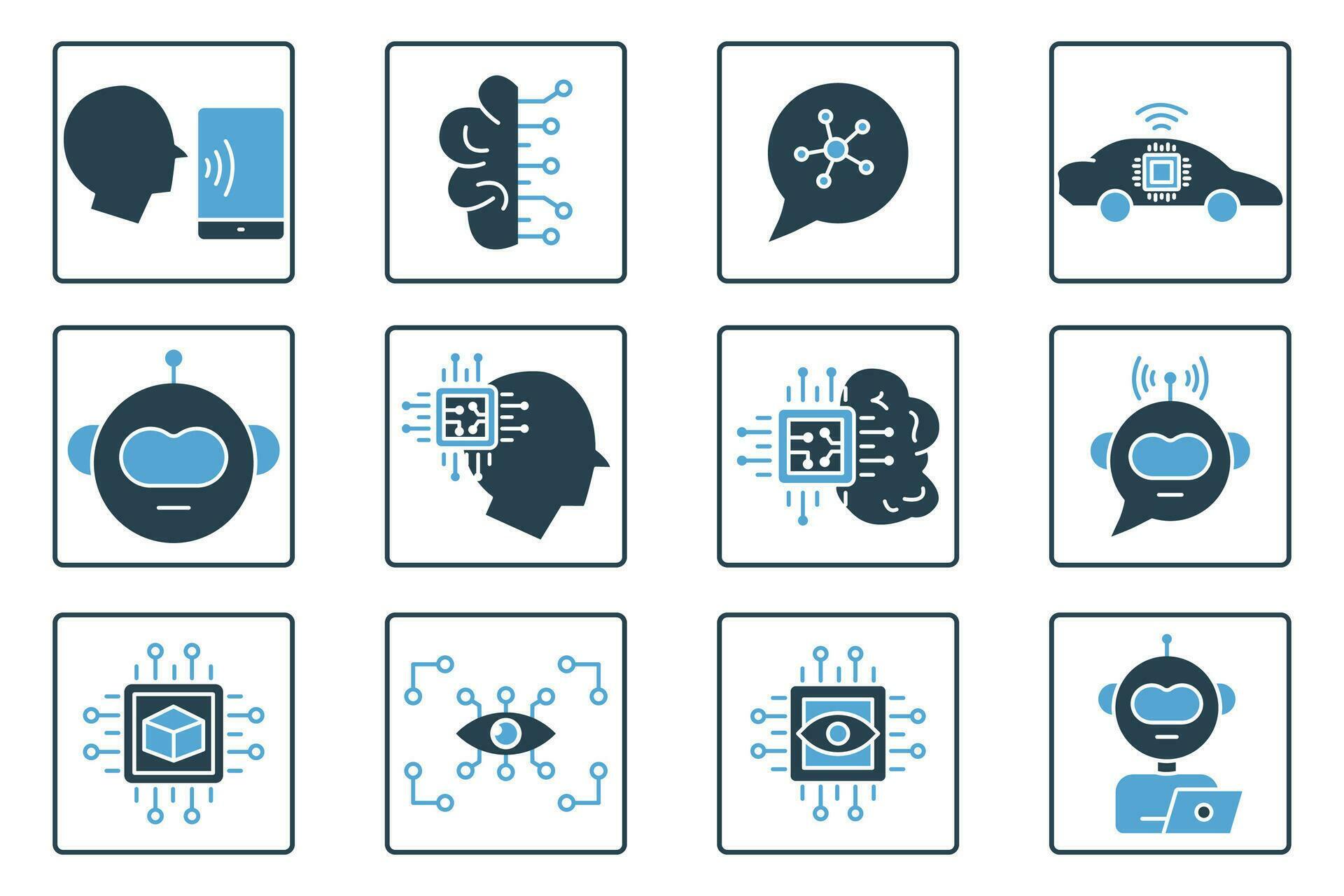 artificial intelligence icon set. robot head, brain ai, robot arm ...