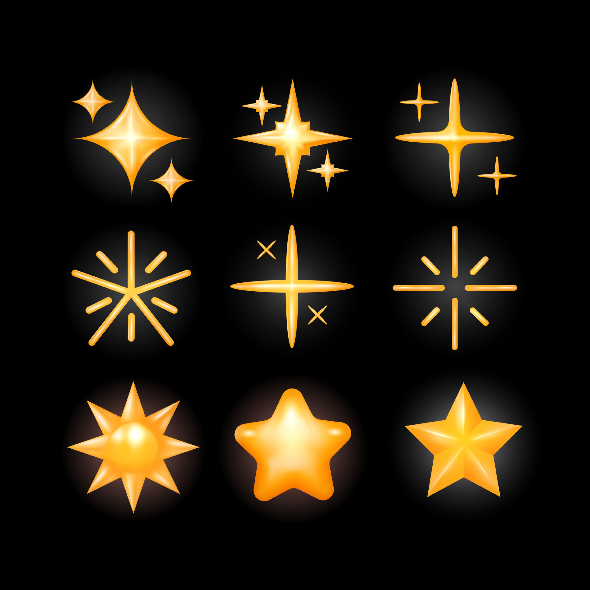 Shimmering stars, shiny sparks and glittering elements. Sparkling 3d vector icons, modern ...