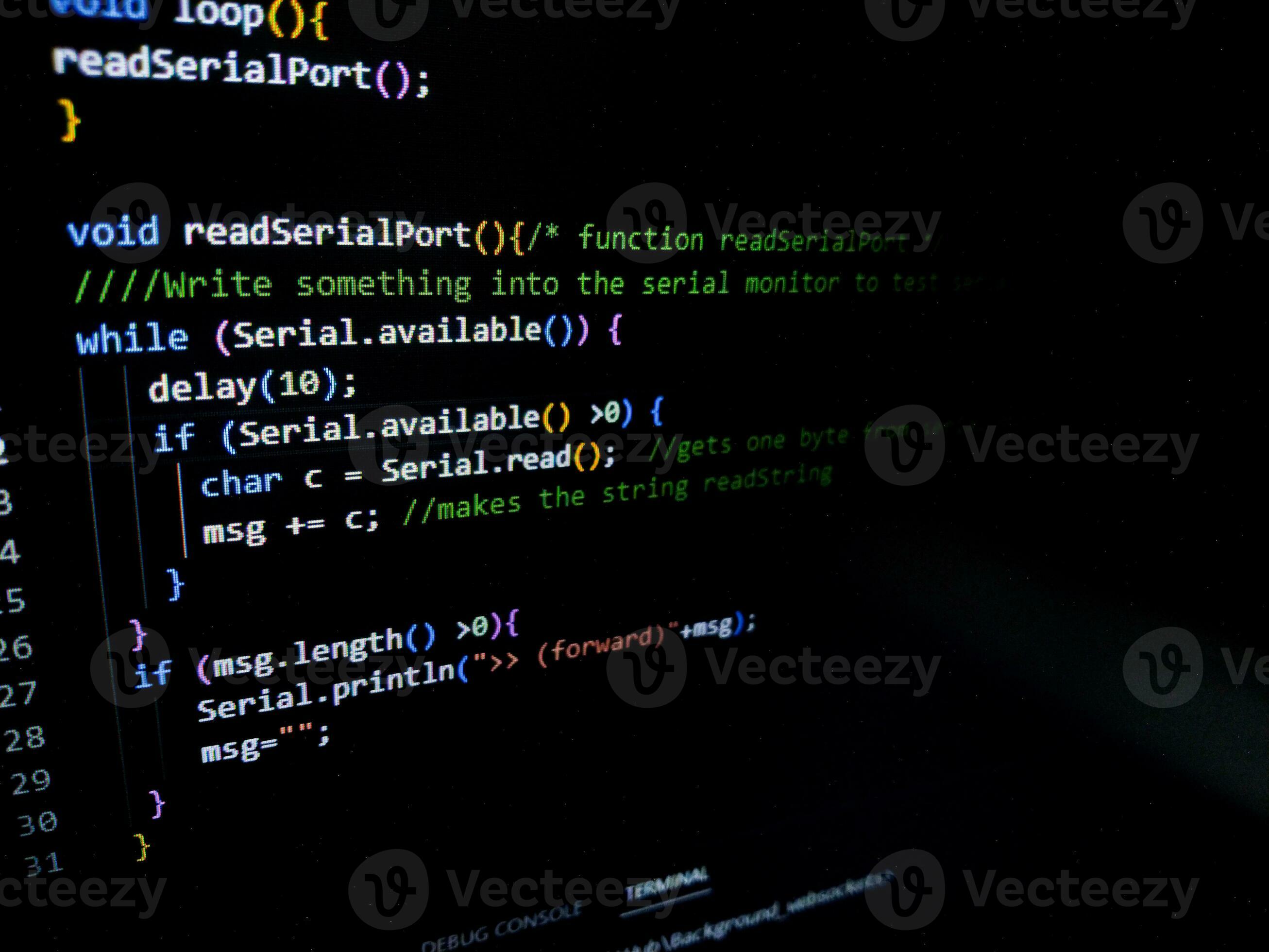 Programming code on a computer screen. Source code photo. Technology ...