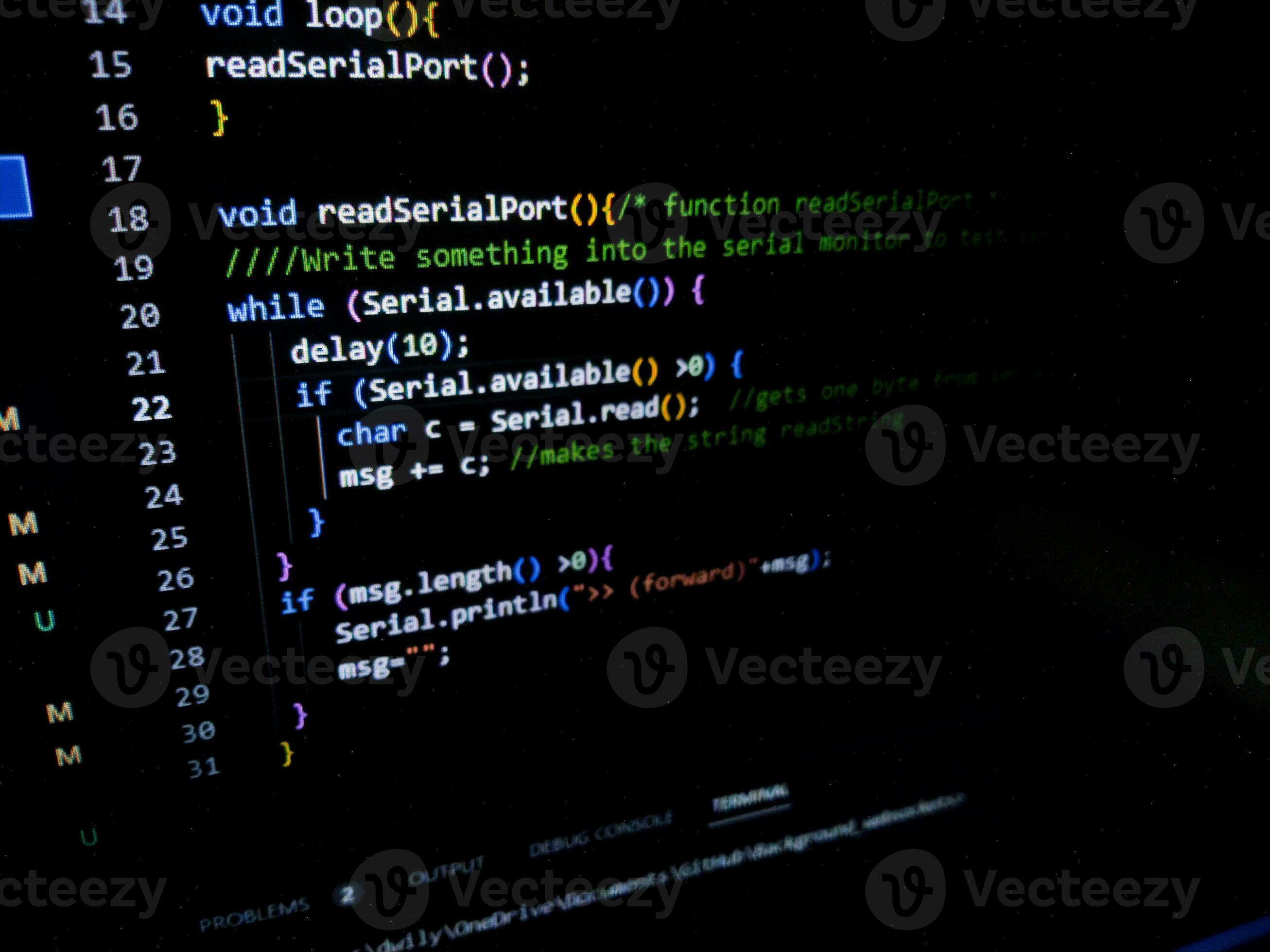 Programming code on a computer screen. Source code photo. Technology ...