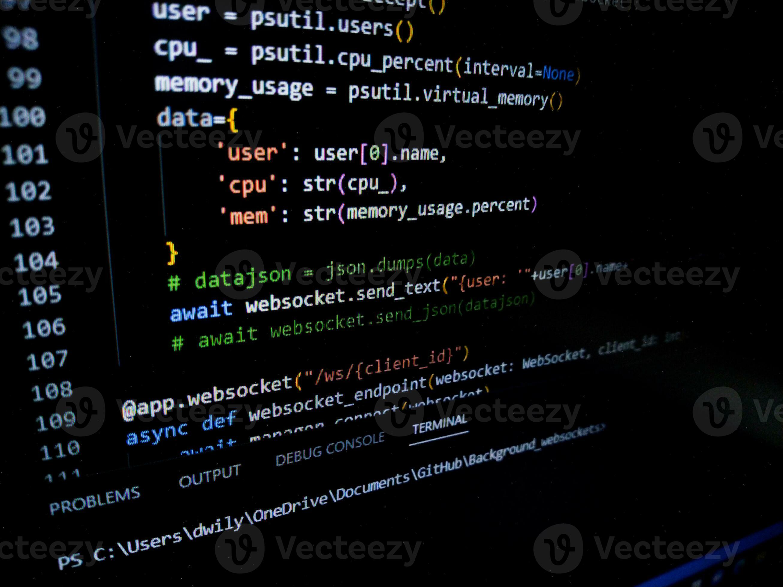 Programming code on a computer screen. Source code photo. Technology ...