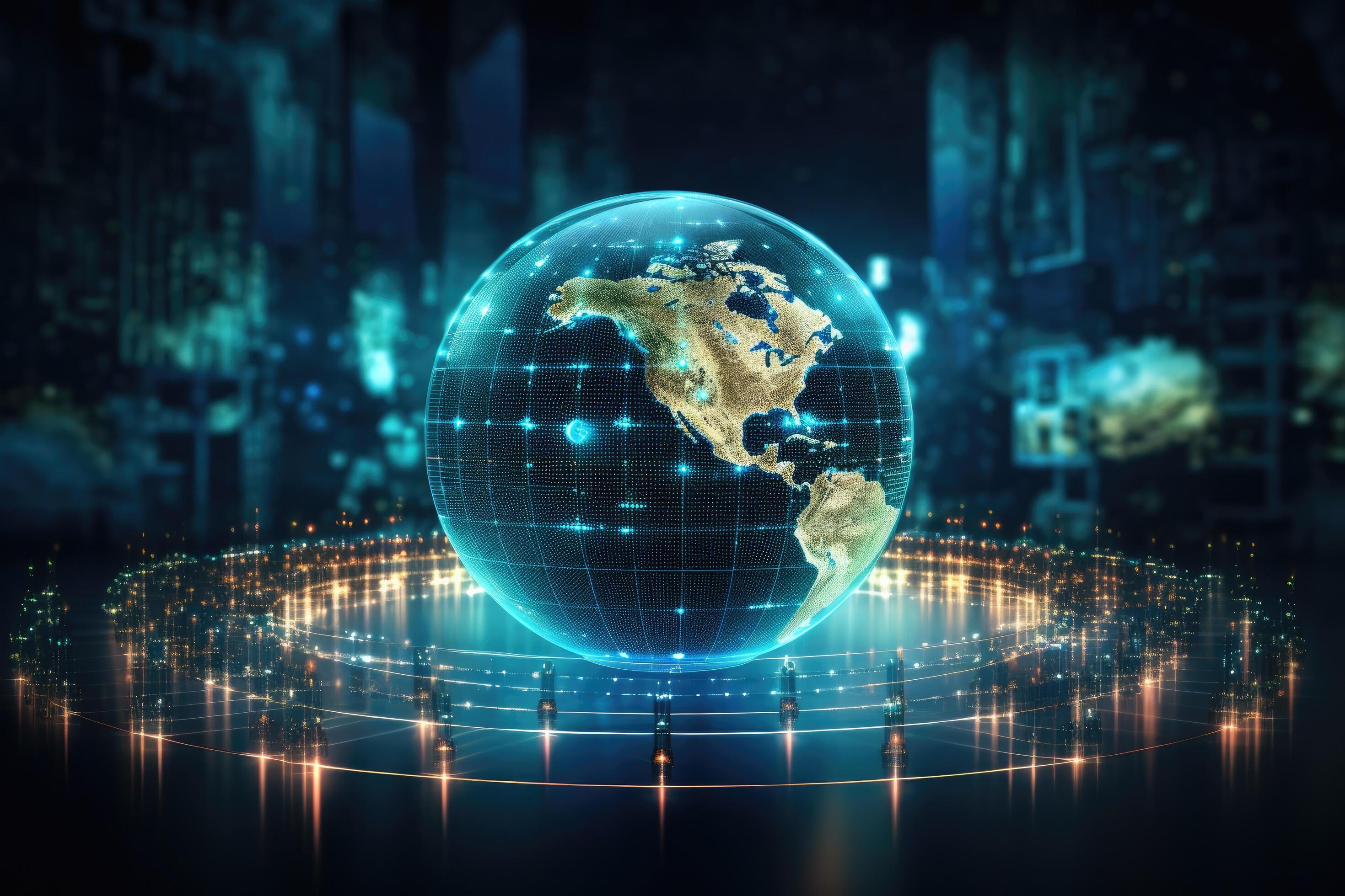 AI generated Globe with map of the world, glowing lines on technological background. 3D ...