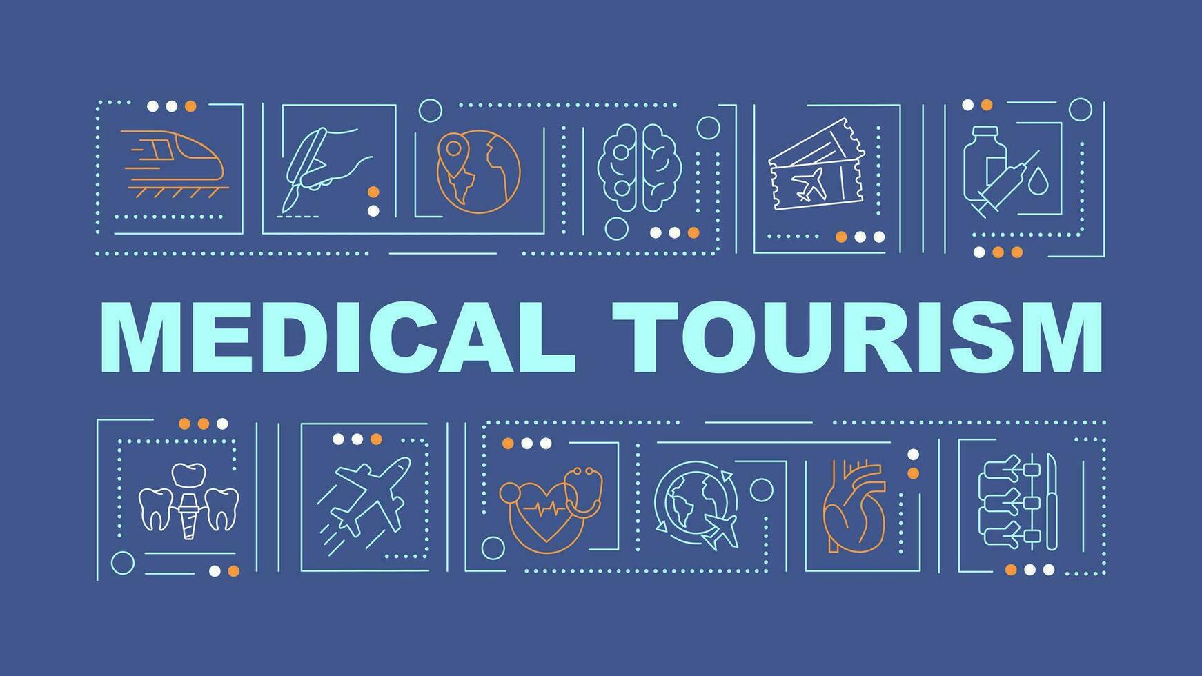2d Medical Tourism Text With Various Thin Linear Icons Concept On Dark
